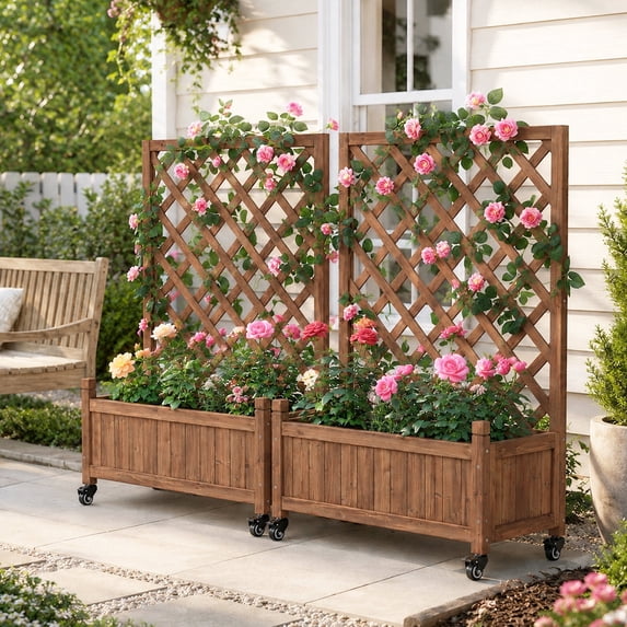 ScienGarden 2 Pack Outdoor Planter Box with Lattice Trellis and Wheels ...