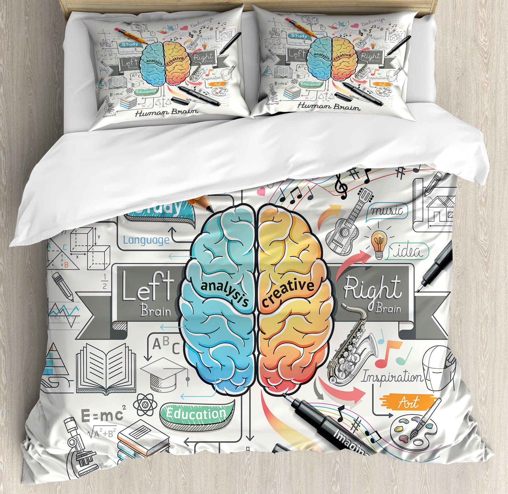 Science Duvet Cover Set, 2 Sides of Human Brian Analitical Imaginitive ...