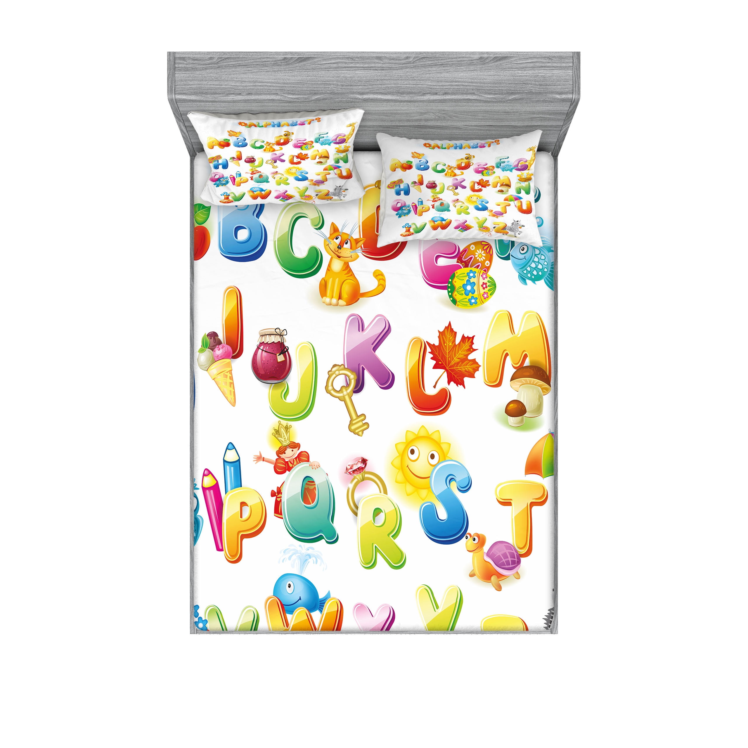Science Fitted Sheet & Pillow Sham Set, Cheerful Cartoon Fun Alphabet ...