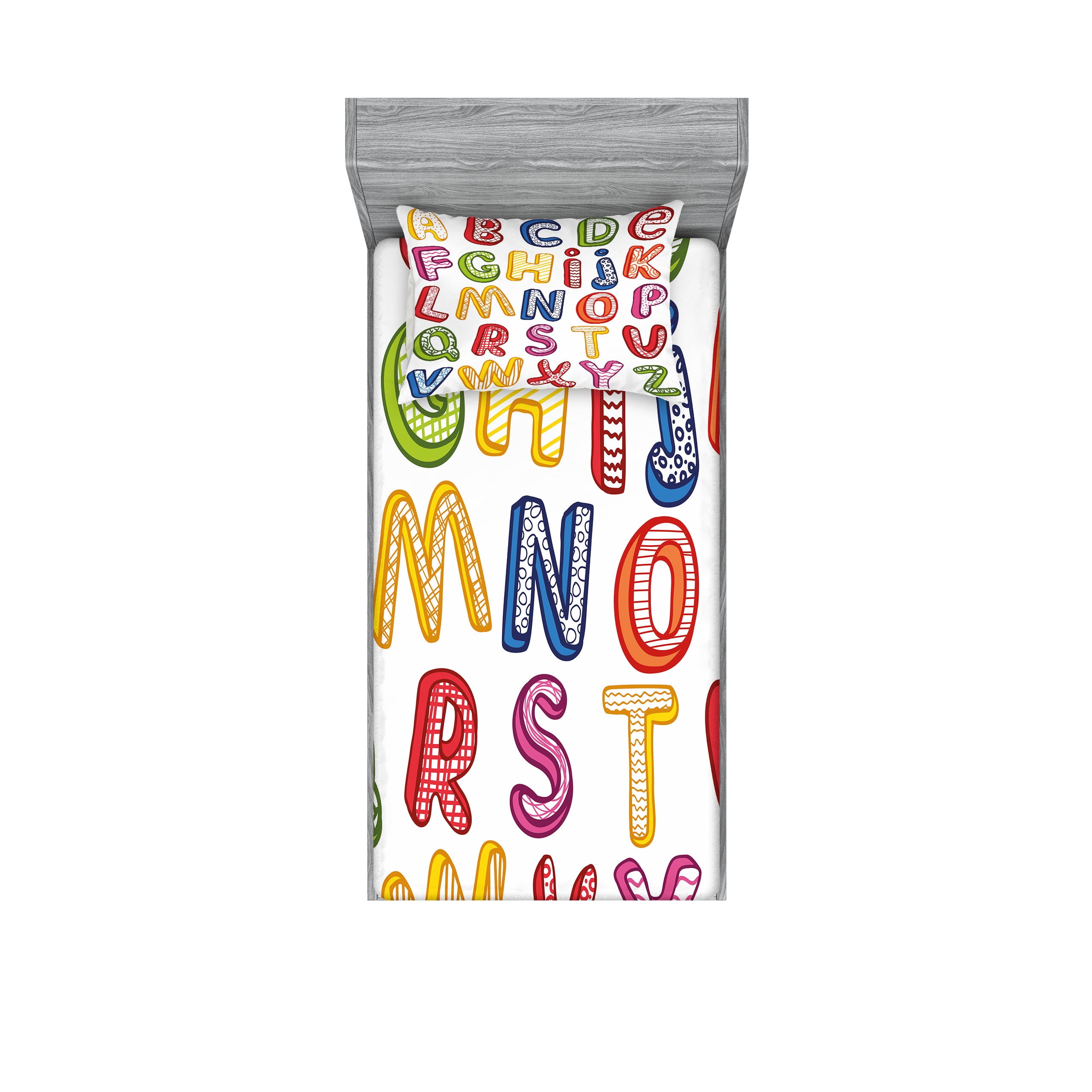 Science Fitted Sheet & Pillow Sham Set, Hand Drawn Colorful 3D Style ...