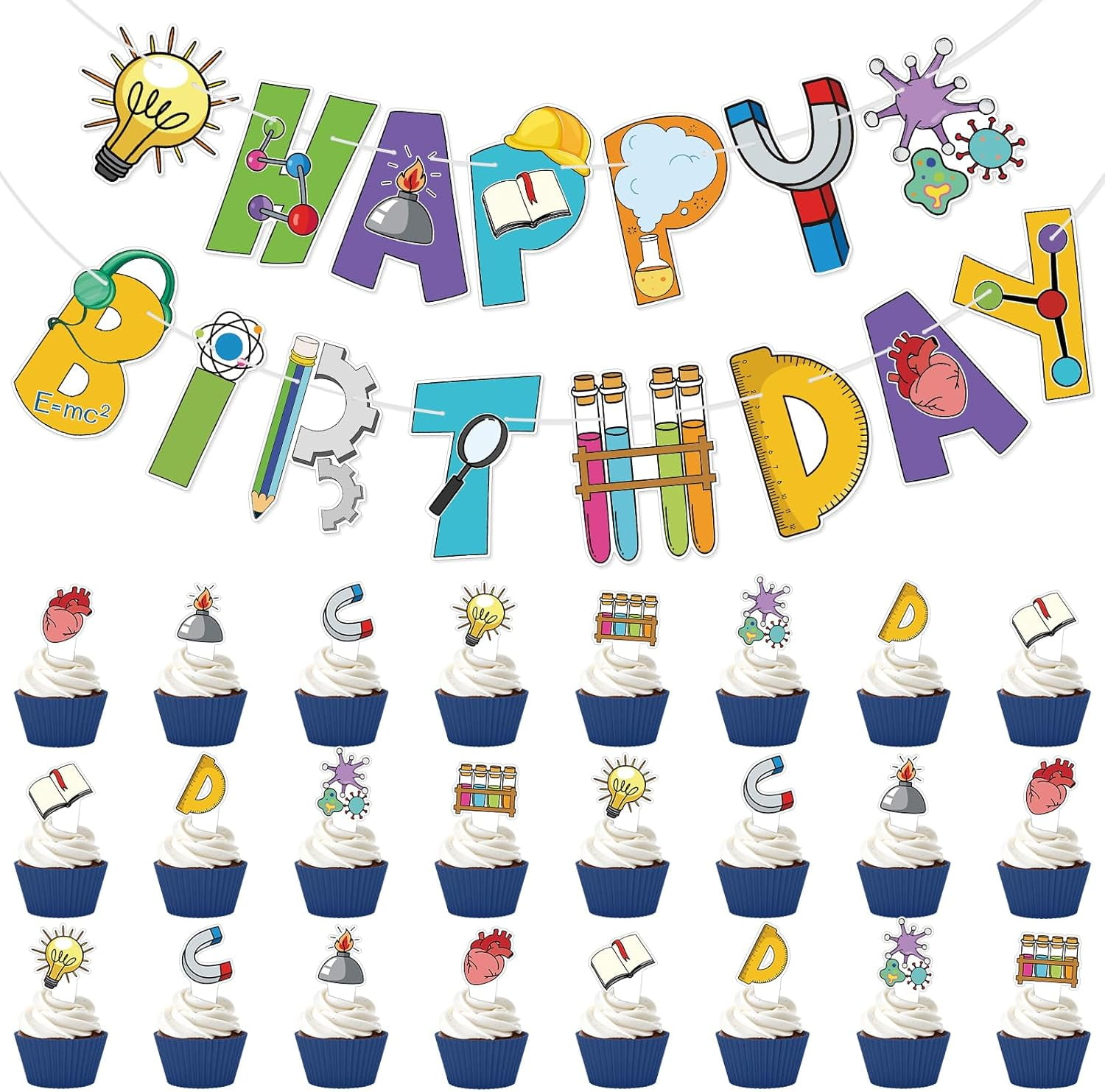 Science Happy Birthday Banner & Cupcake Toppers, 25Pcs Multicolor ...