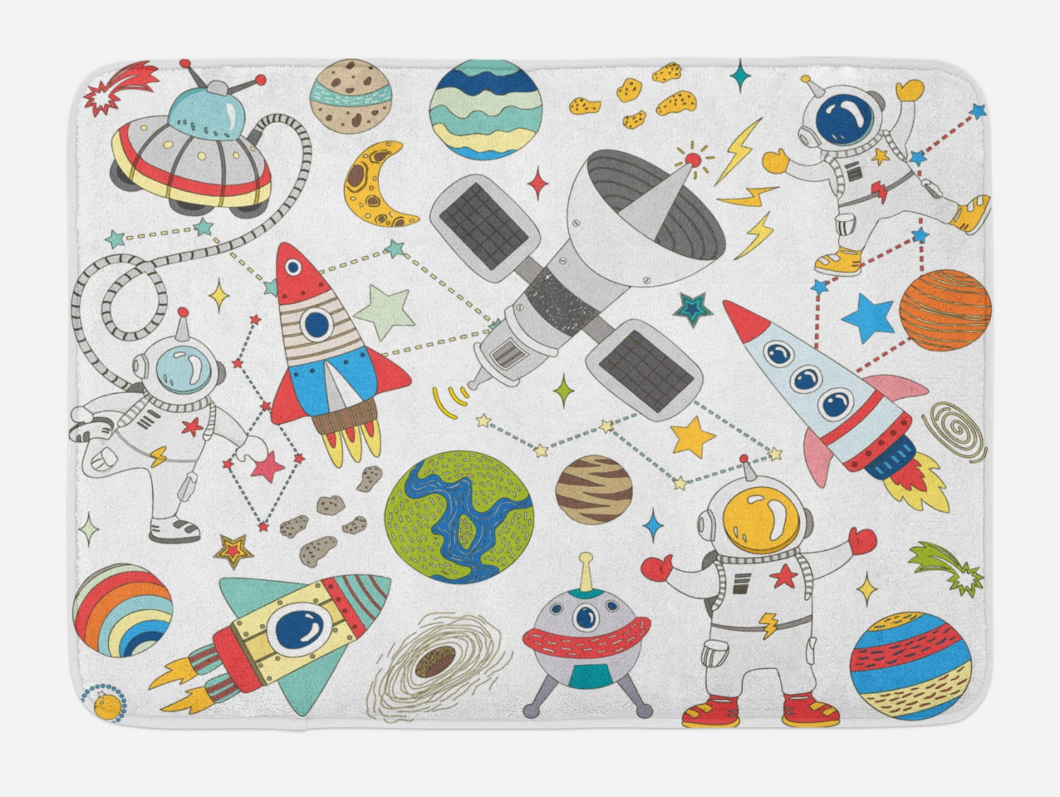 Science Party Bath Mat, Illustration of Astronauts and Spaceships ...