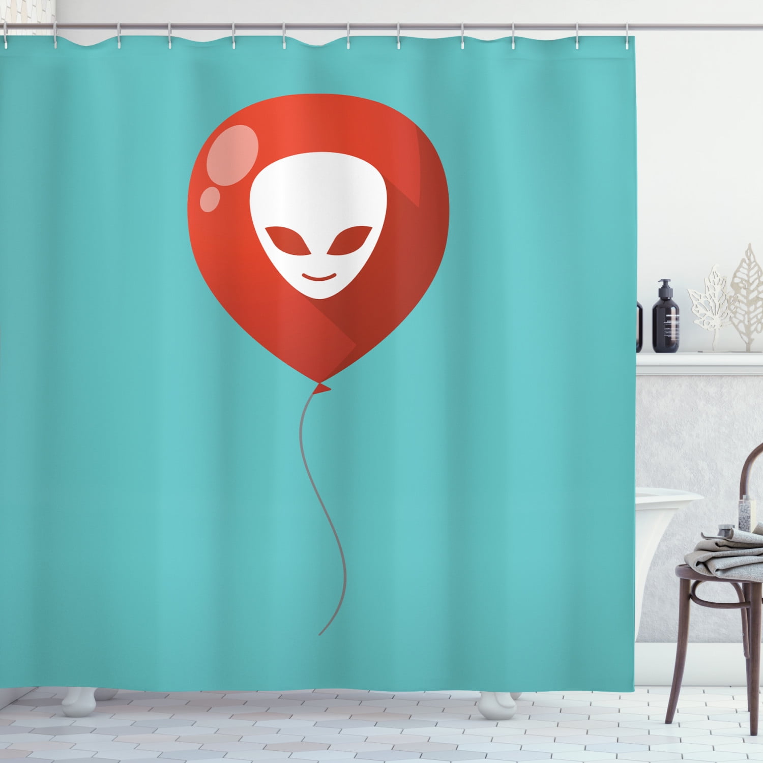 Science Party Shower Curtain, An Alien Face Silhouette on a Balloon ...