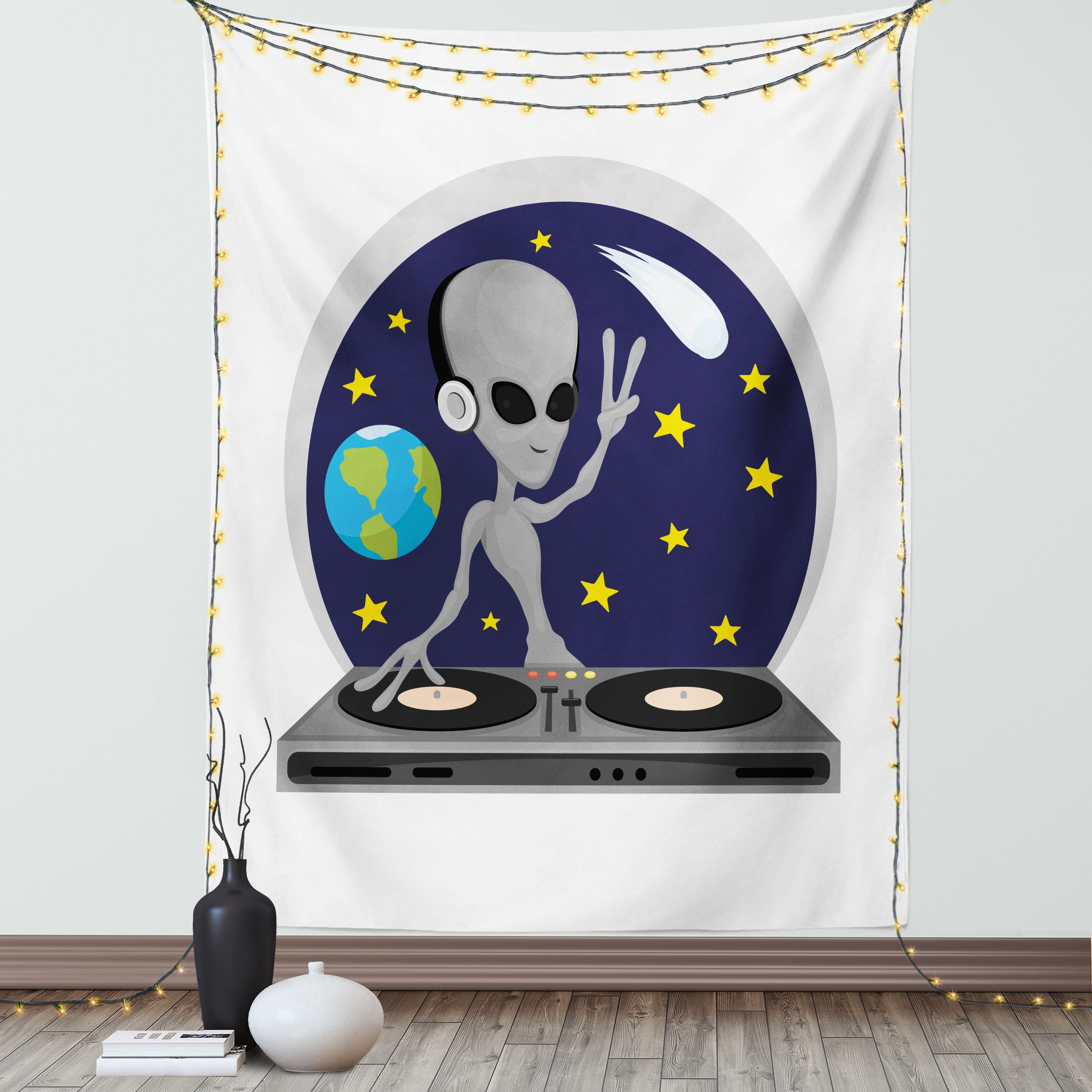 Science Party Tapestry, Illustration of DJ Alien Playing a Turntable on ...