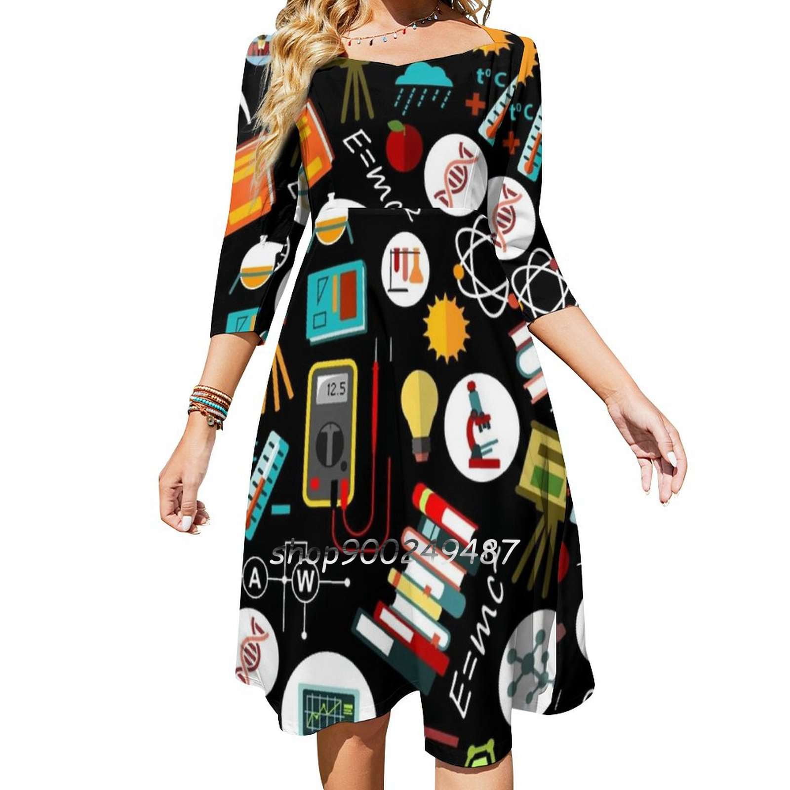 Science Teacher Flare Dress Square Neck Dress Elegant Female Fashion ...