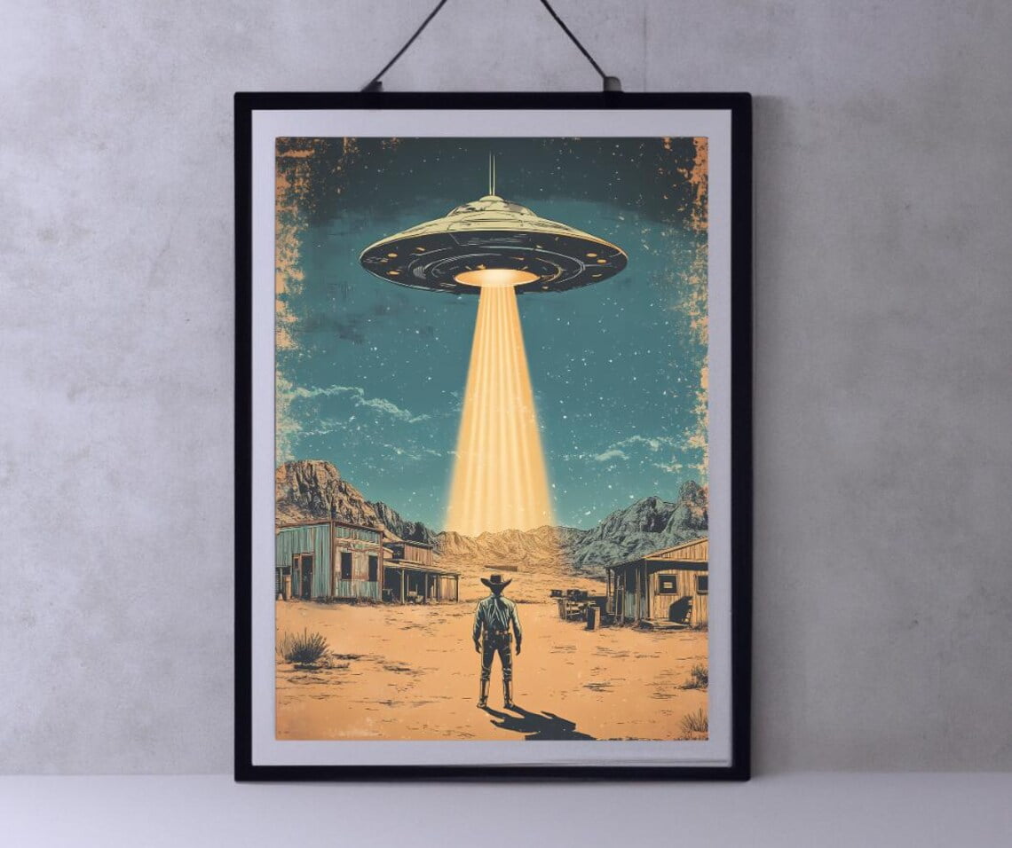 Scifi Western Cowboy Art Print, Desert Wall Art, Alien Abduction Poster ...