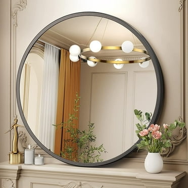 20 inch Round Mirror with Black Metal Frame, Hanging Mirror Circle Wall ...