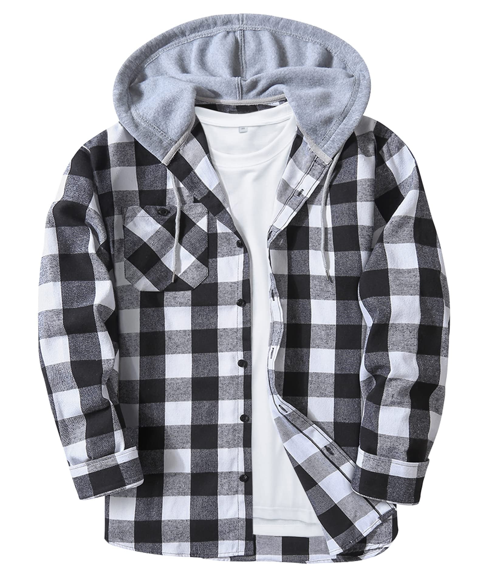 SCODI Men's Lightweight Flannel Hoodie Shirt, Long Sleeve Casual Button ...