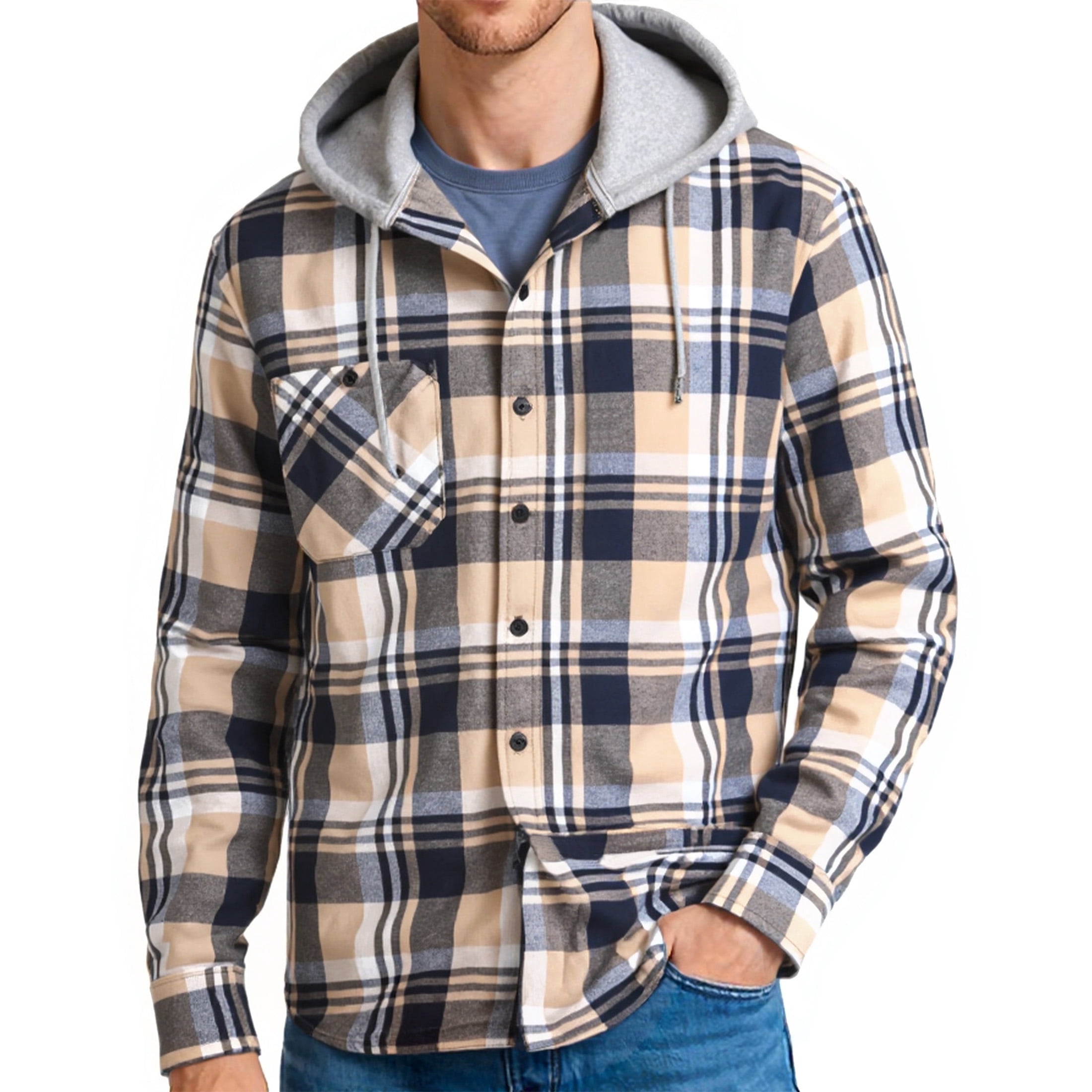 SCODI Men's Lightweight Flannel Hoodie, Long-Sleeve Casual Button-Down ...