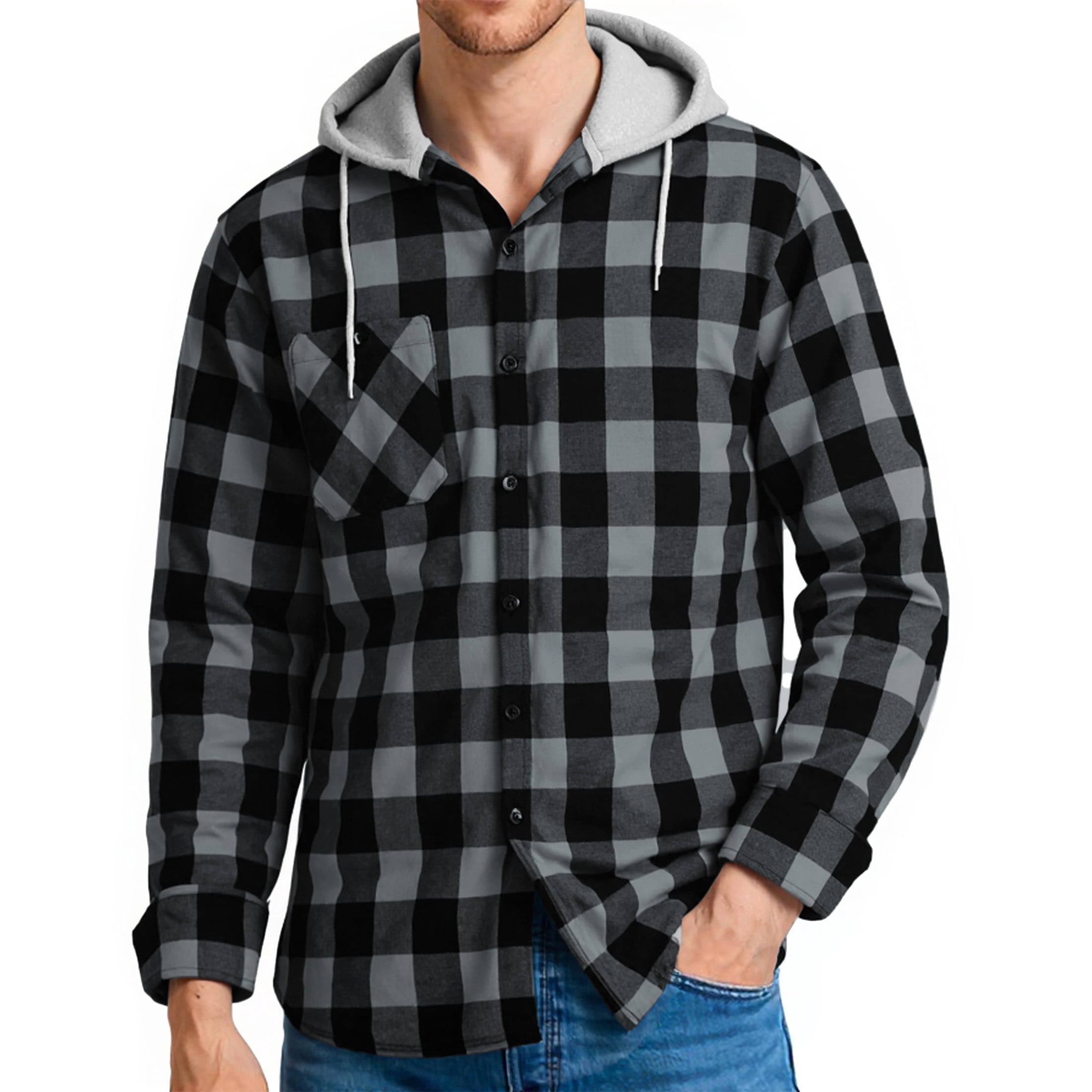 SCODI Men's Winter Plaid Flannel Hoodie, Long Sleeve Casual Button Down ...