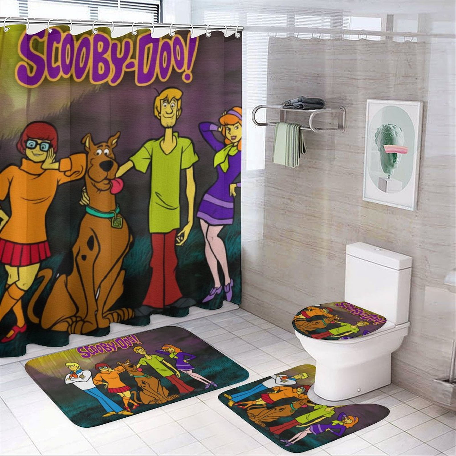 Scooby Doo Shower Curtain Set 4-Piece Bathroom Set with Non-Slip Rug, U-Shape Mat, Toilet Cover ...