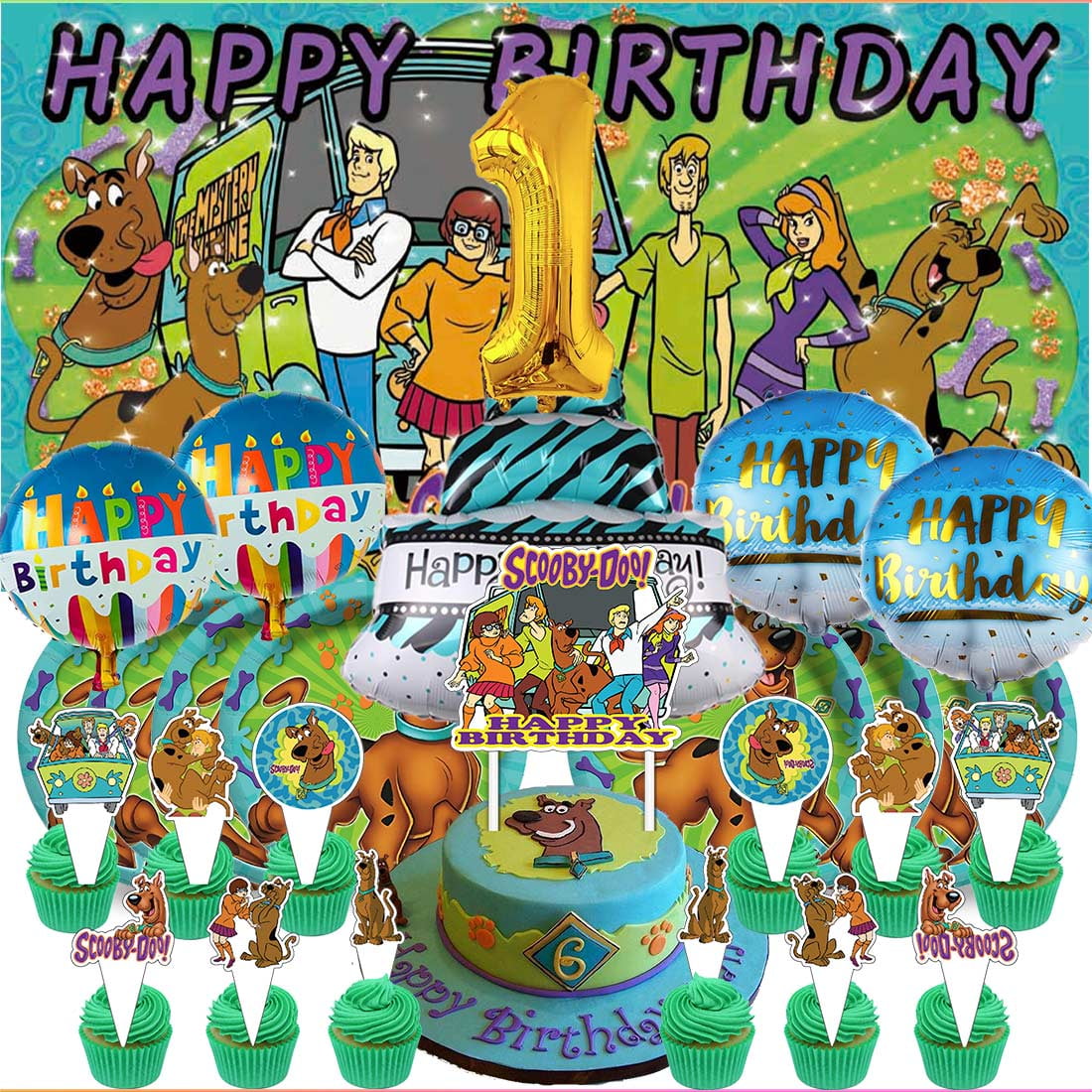 Scooby doo 1st Tableware Balloons Cake Toppers Backdrop Banner Supplies ...