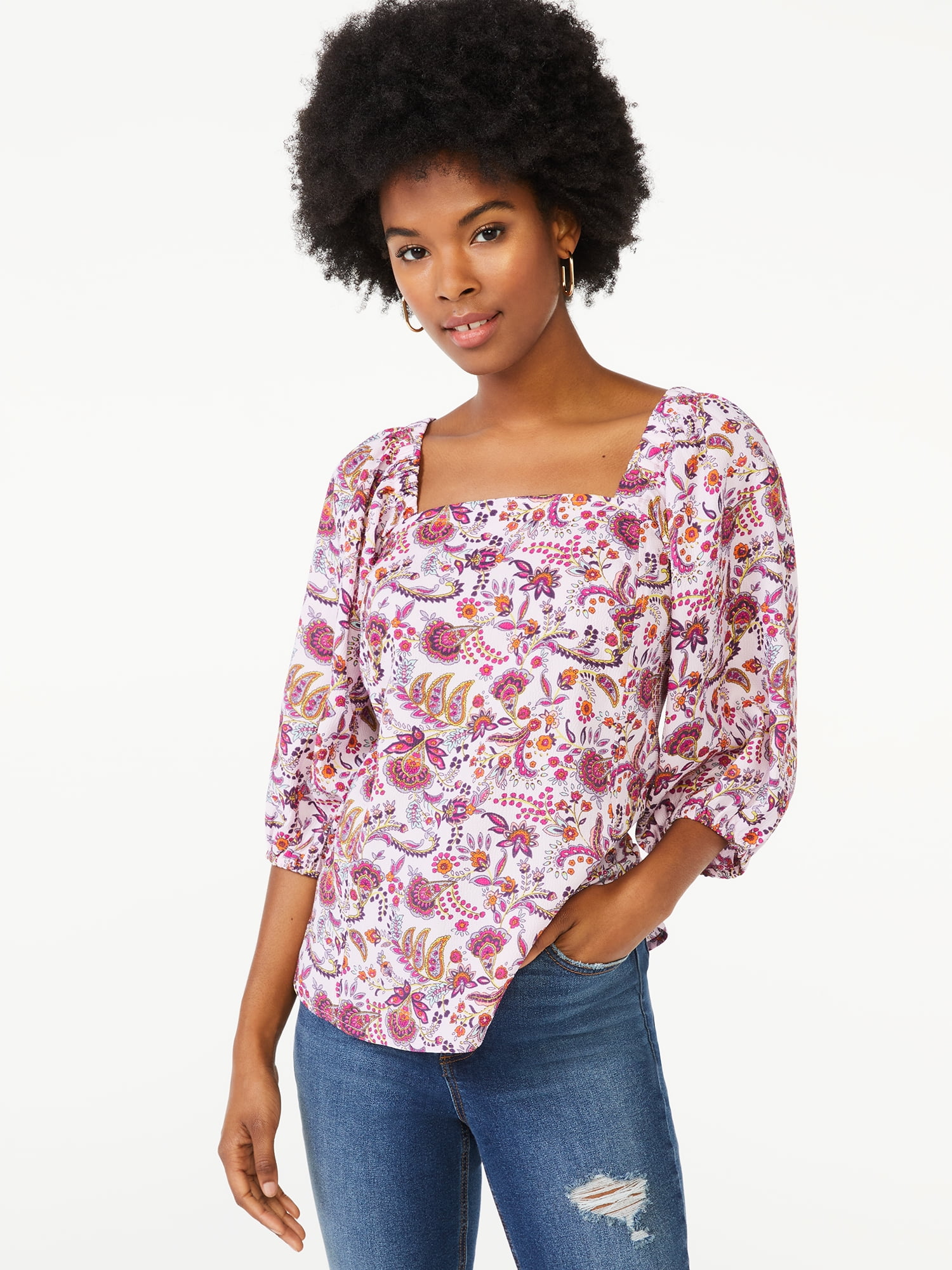 Scoop Elbow-Length Relaxed Fit Square Neckline Blouse & Top (Women's) 1 ...