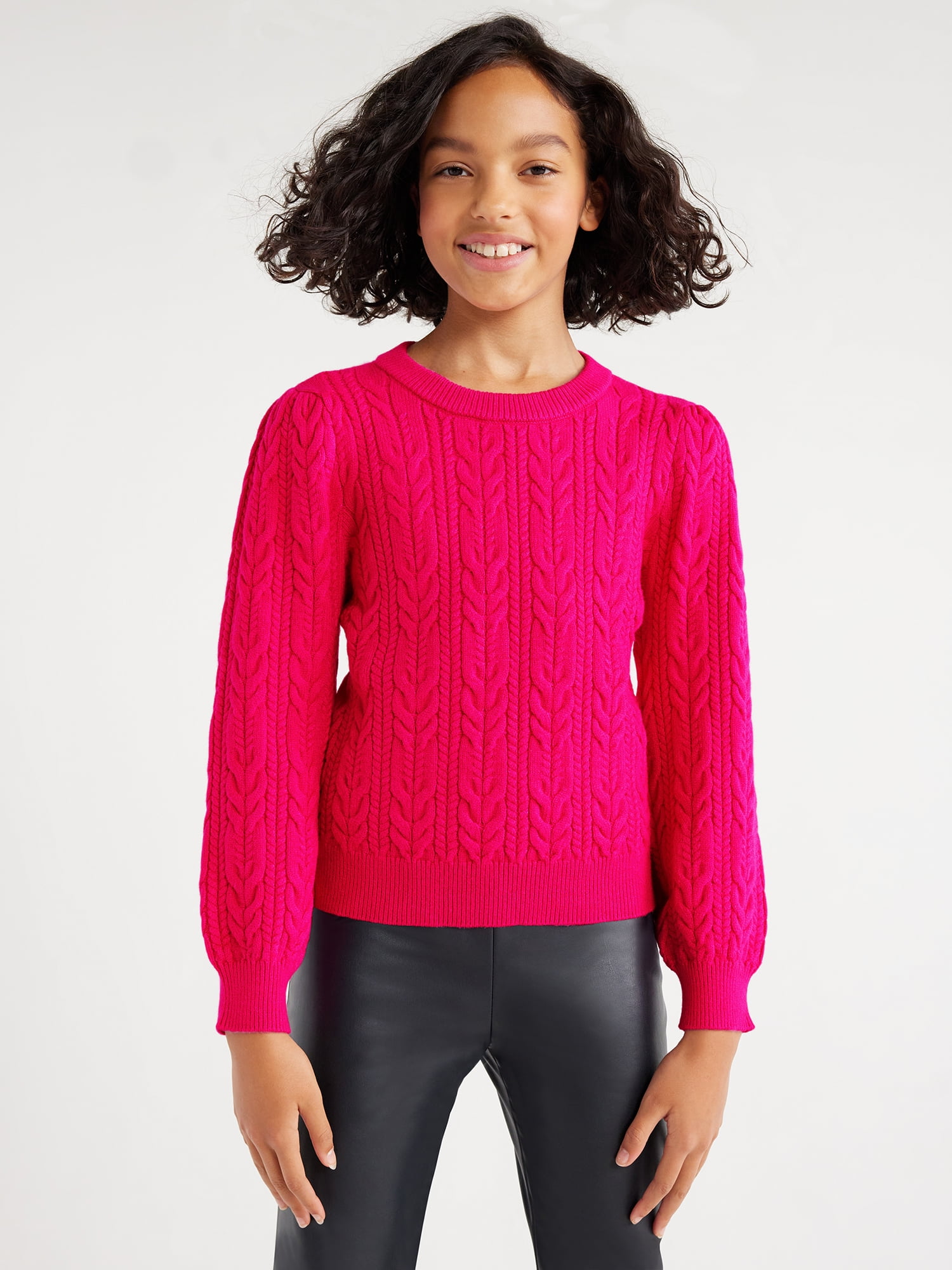 Scoop Girls Crewneck Cable Knit Sweater with Long Sleeves, Sizes 4-18 ...