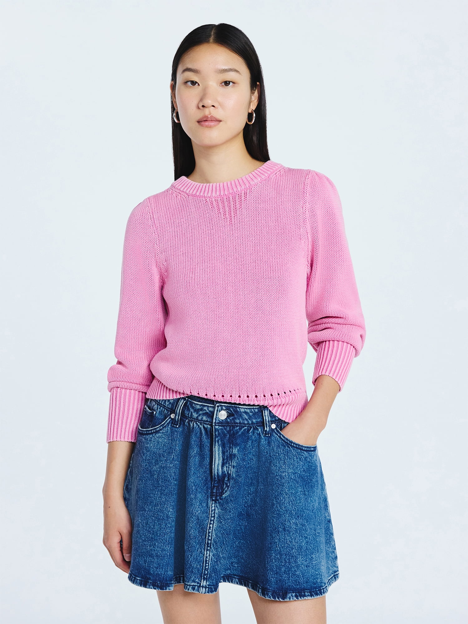 Scoop Women’s Acid Wash Cotton Sweater with Long Puff Sleeves ...