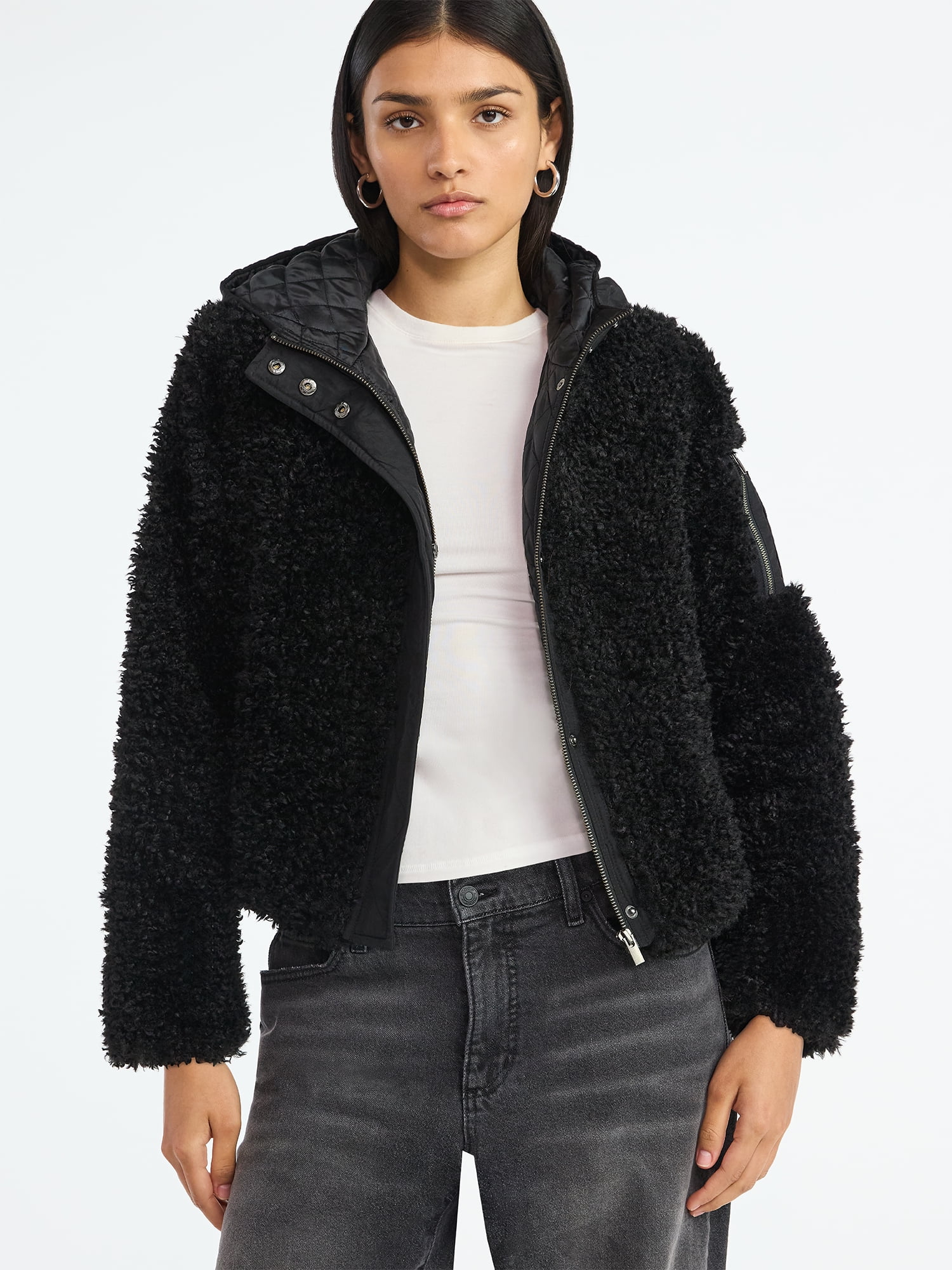 Scoop Women's Mixed Media Teddy Jacket with Hood, Midweight, Sizes XS ...
