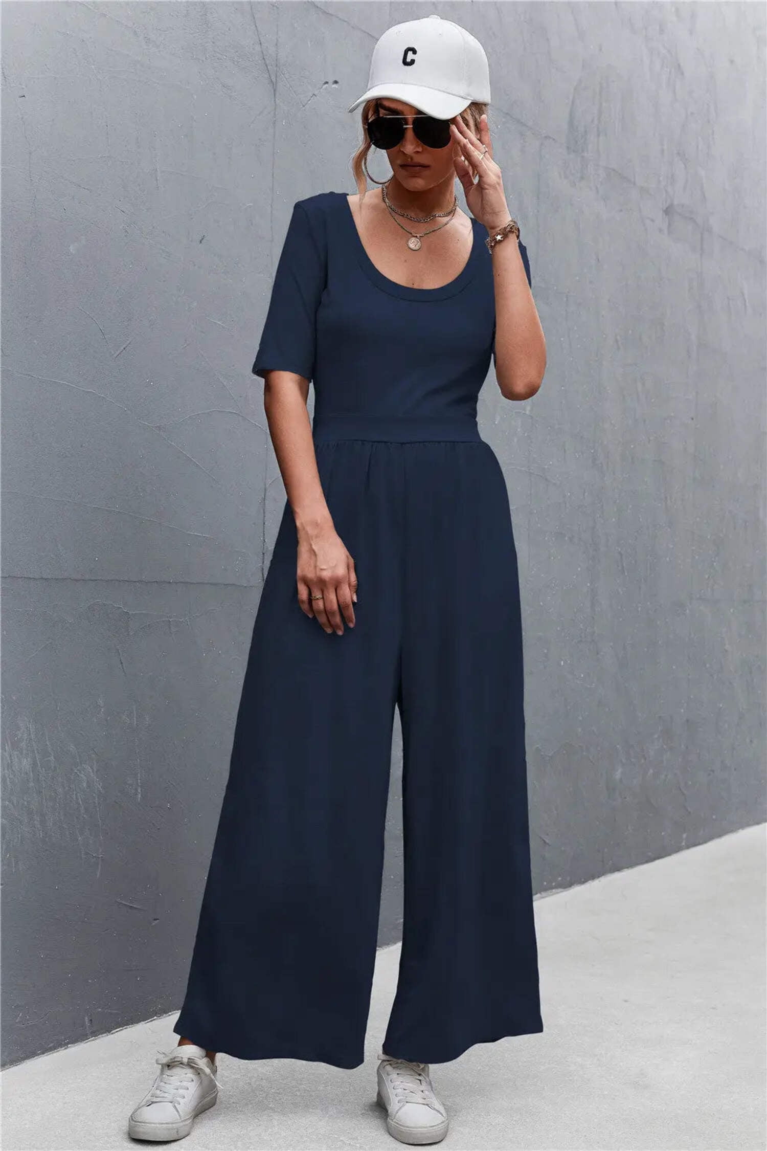 Scoop Neck Half Sleeve Wide Leg Jumpsuit - BazaarBey - Walmart.com