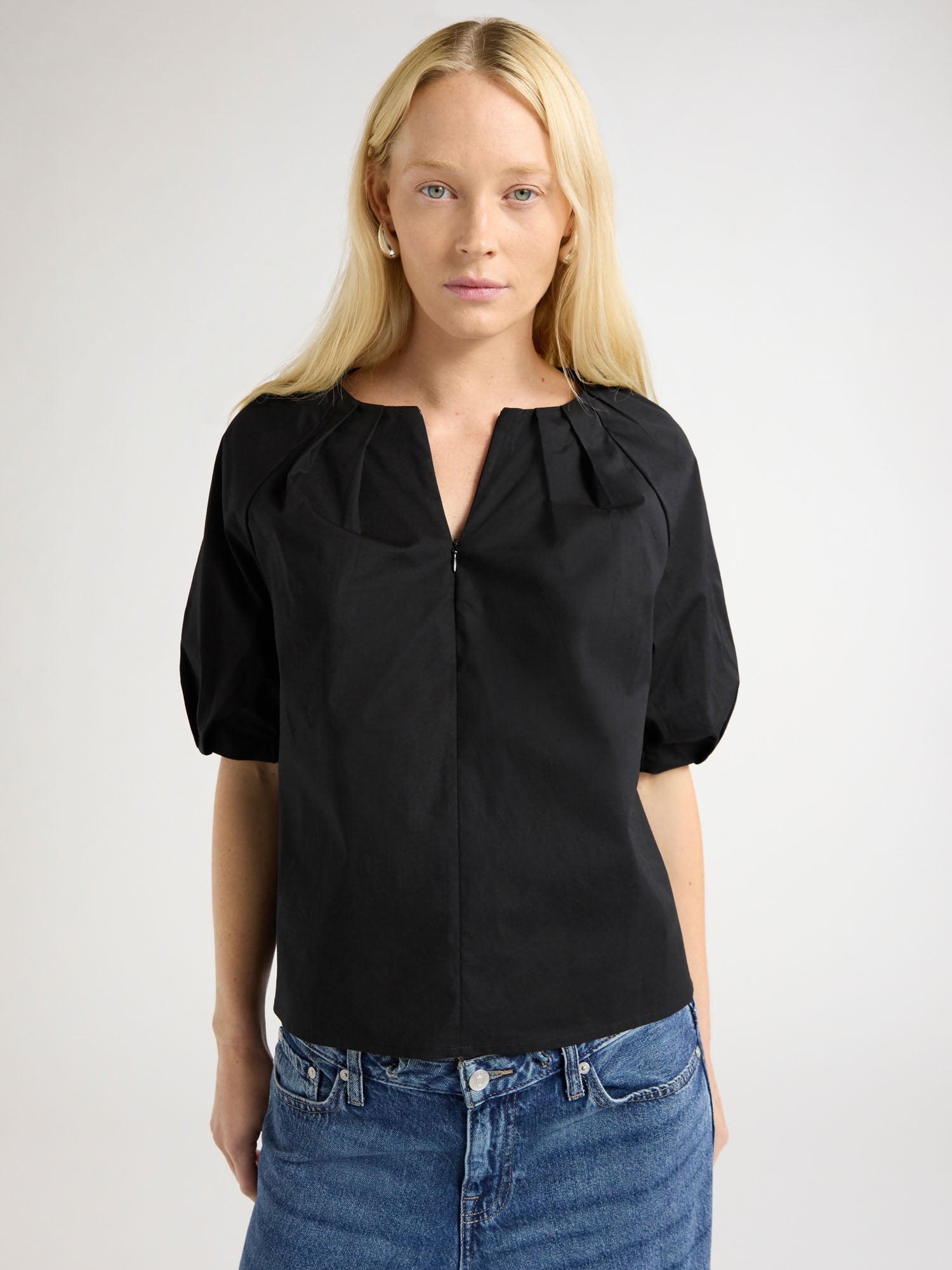 Scoop Women's Cotton Poplin Pleated Zip Front Top, Sizes XS-XL ...