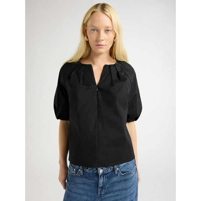 Scoop Women's Cotton Poplin Pleated Zip Front Top, Sizes XS-XL ...