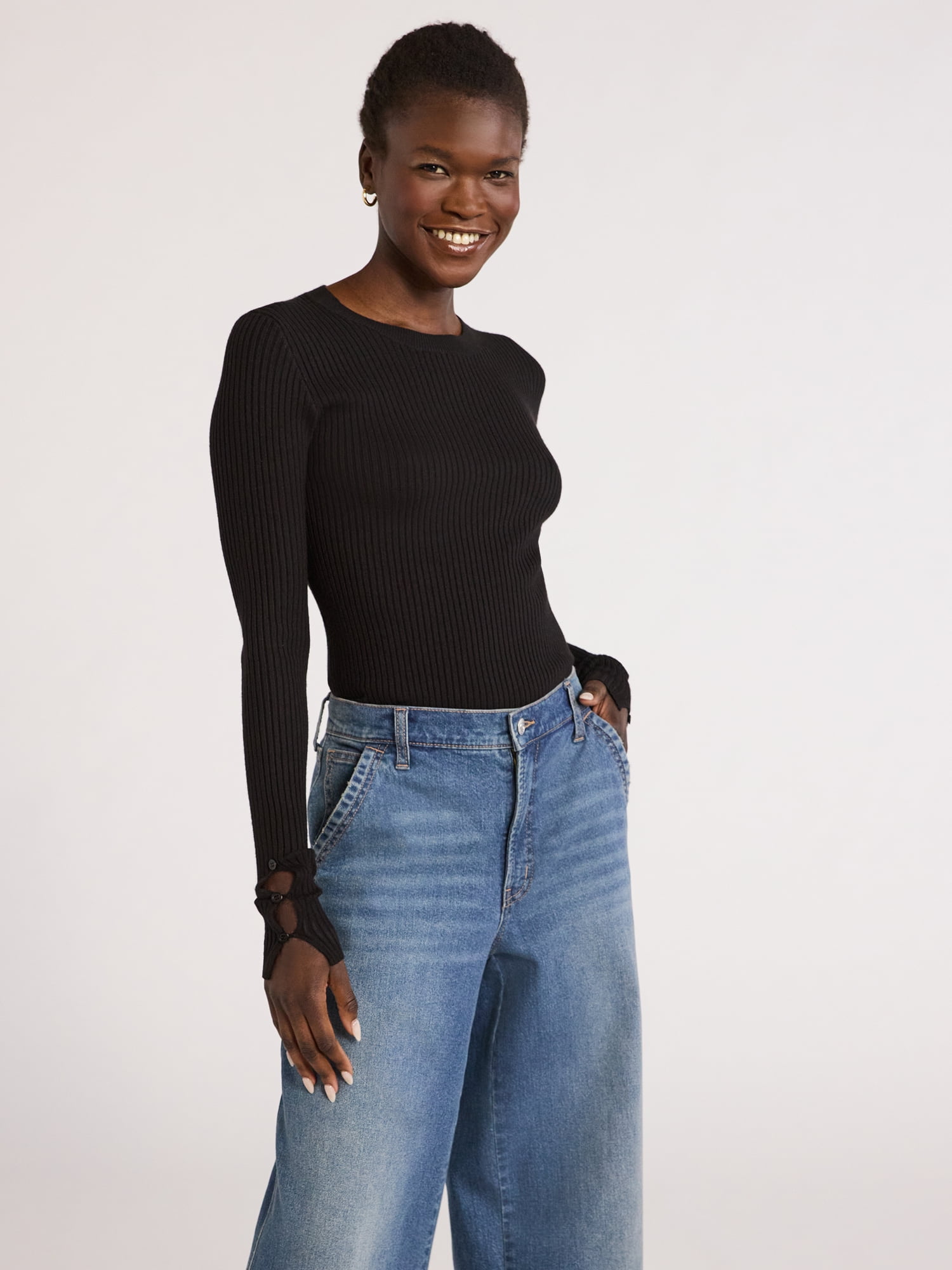 Scoop Women's Ribbed Knit Sweater Bodysuit with Long Sleeves, Sizes XS ...