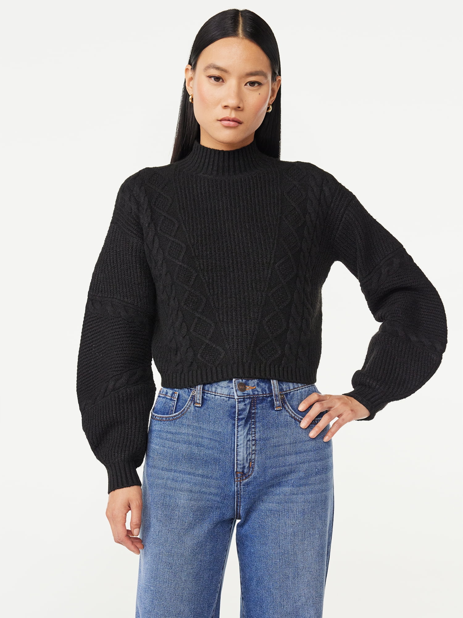 Scoop Women's Crop Cable Pullover Sweater with Long Sculpted Sleeves ...