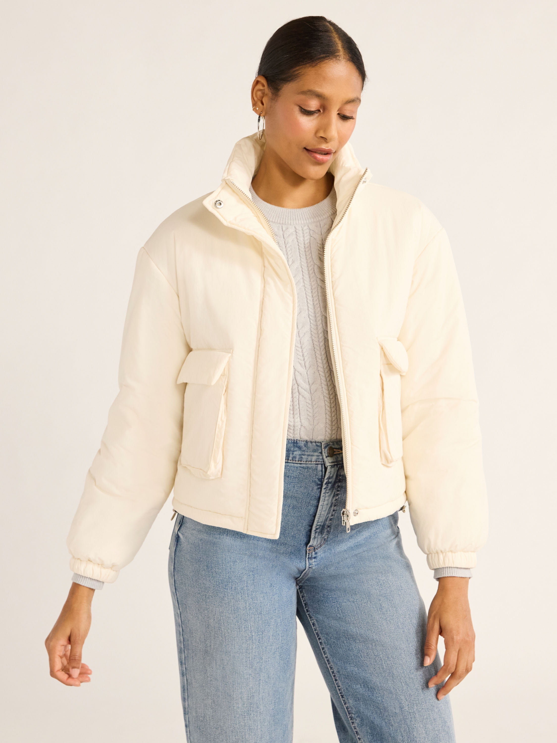 Scoop Women's Water-Resistant Cropped Cargo Puffer Jacket, Midweight ...