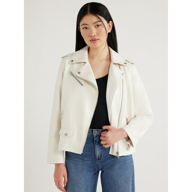 Scoop Faux Leather Moto Jacket - Asymmetrical Zip - Walmart.com