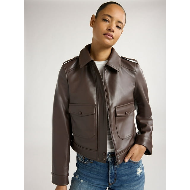Scoop Women's and Women's Plus Faux Leather Cargo Pocket Jacket, Sizes ...