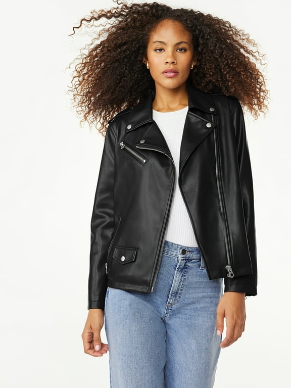 Scoop Women's & Women's Plus Faux Leather Moto Jacket with Faux Fur ...
