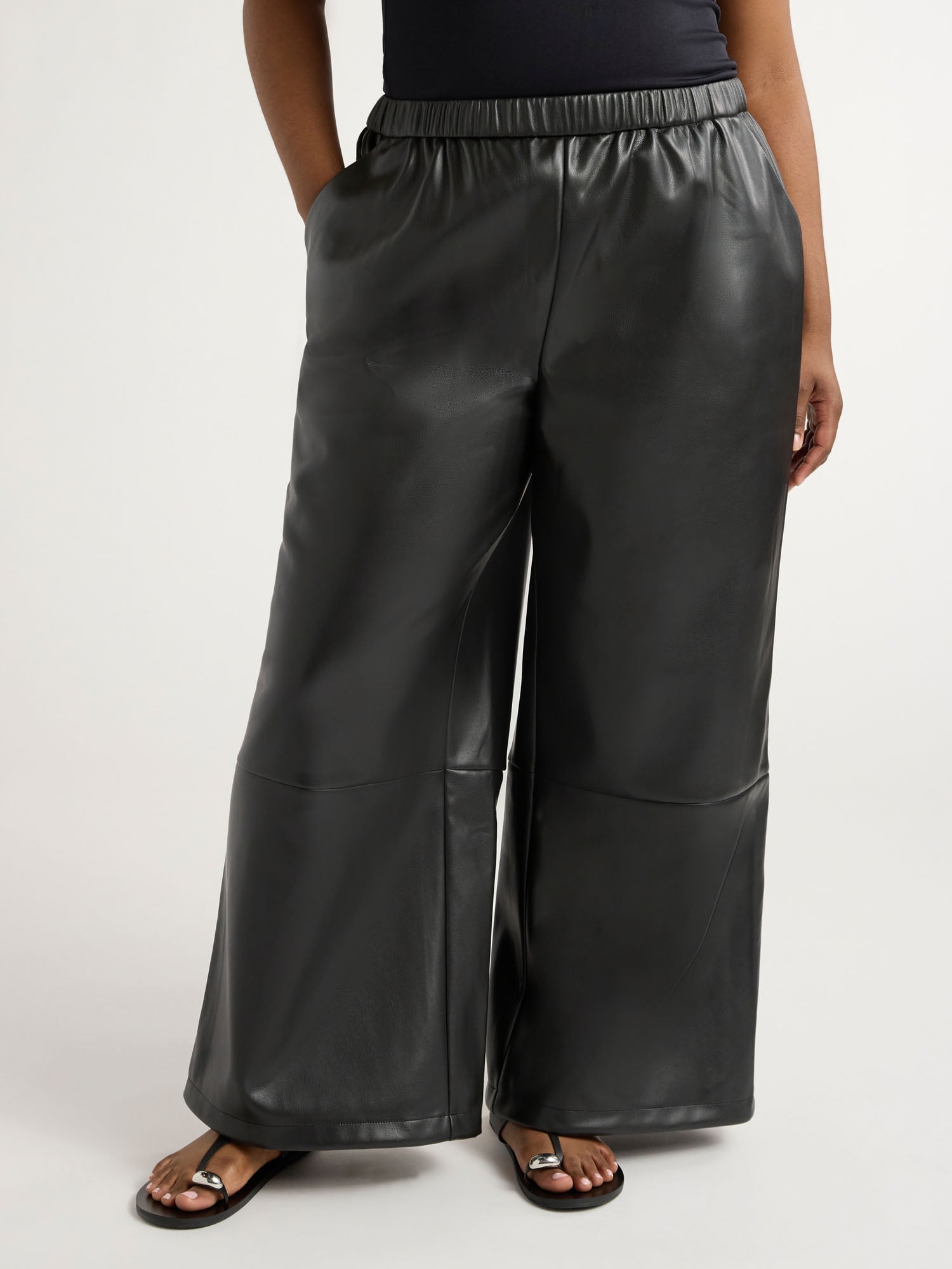 Scoop Women's Faux Leather Wide Leg Parachute Pants with Adjustable ...