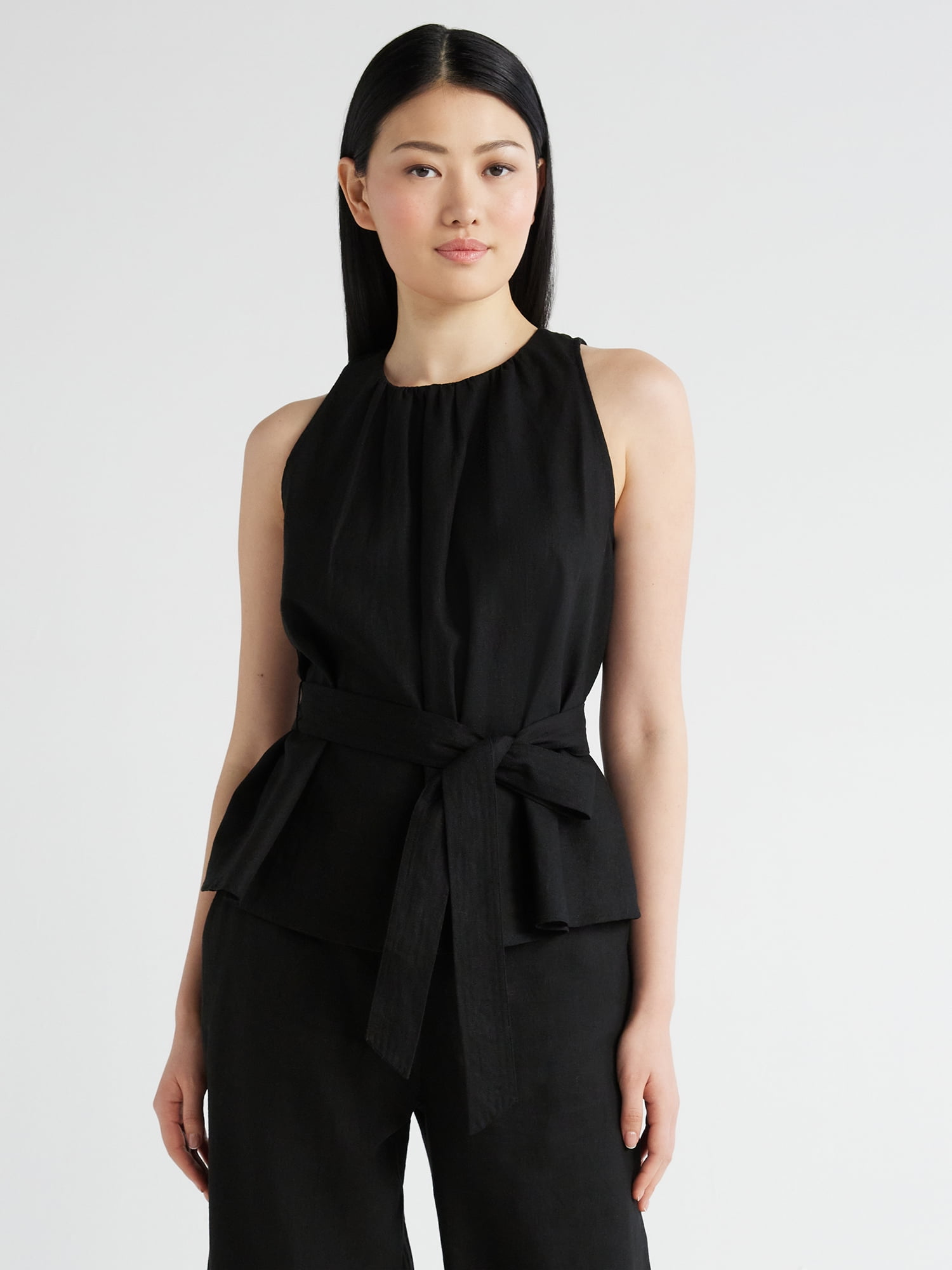Scoop Women's High Neck Belted Linen Blend Halter Top, Sizes XS-XXL ...