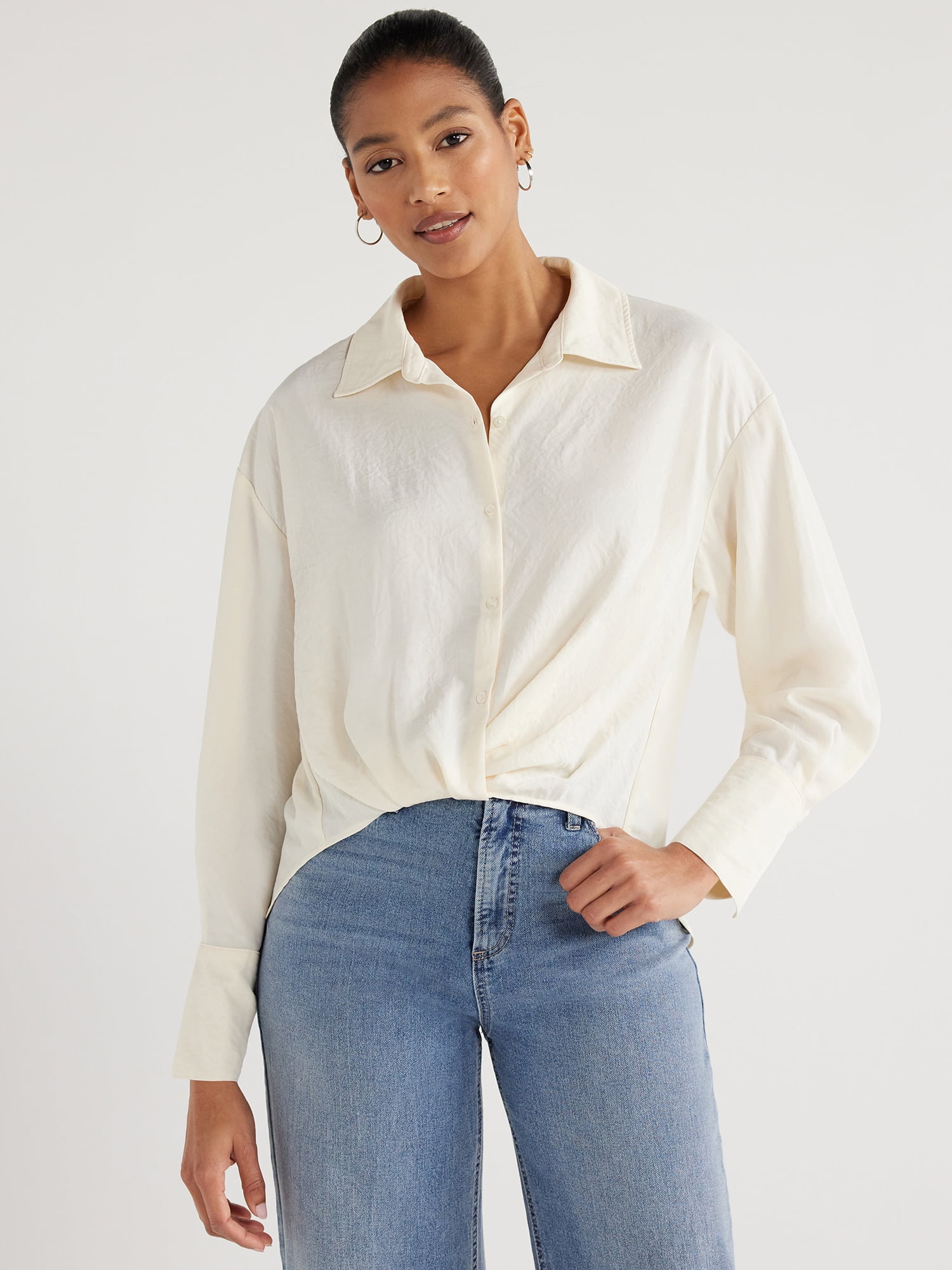 Scoop Women’s Knot Front Top with Long Sleeves, Sizes XS to XXL ...