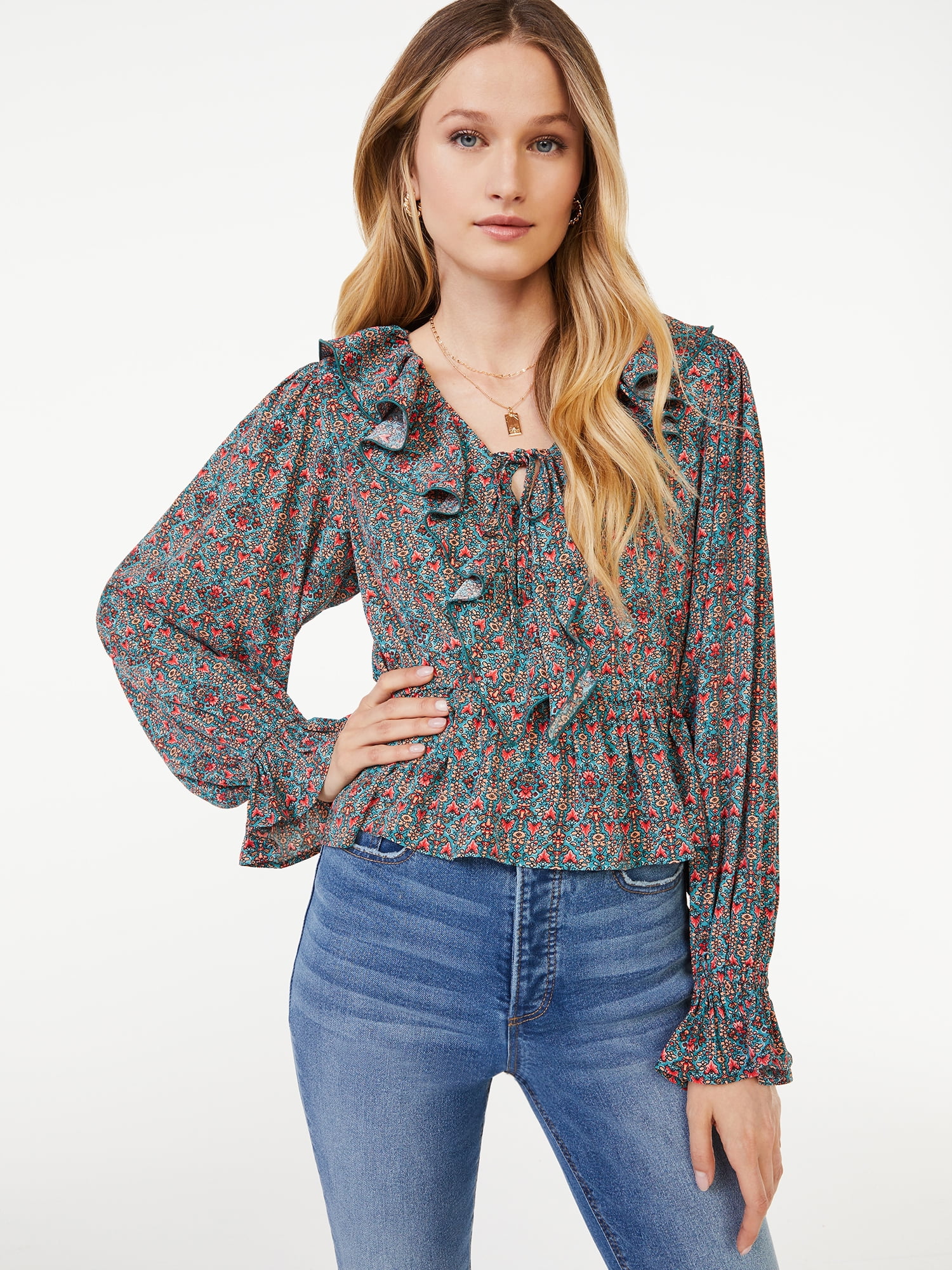 Scoop Women's Long Sleeve Ruffle Blouse - Walmart.com
