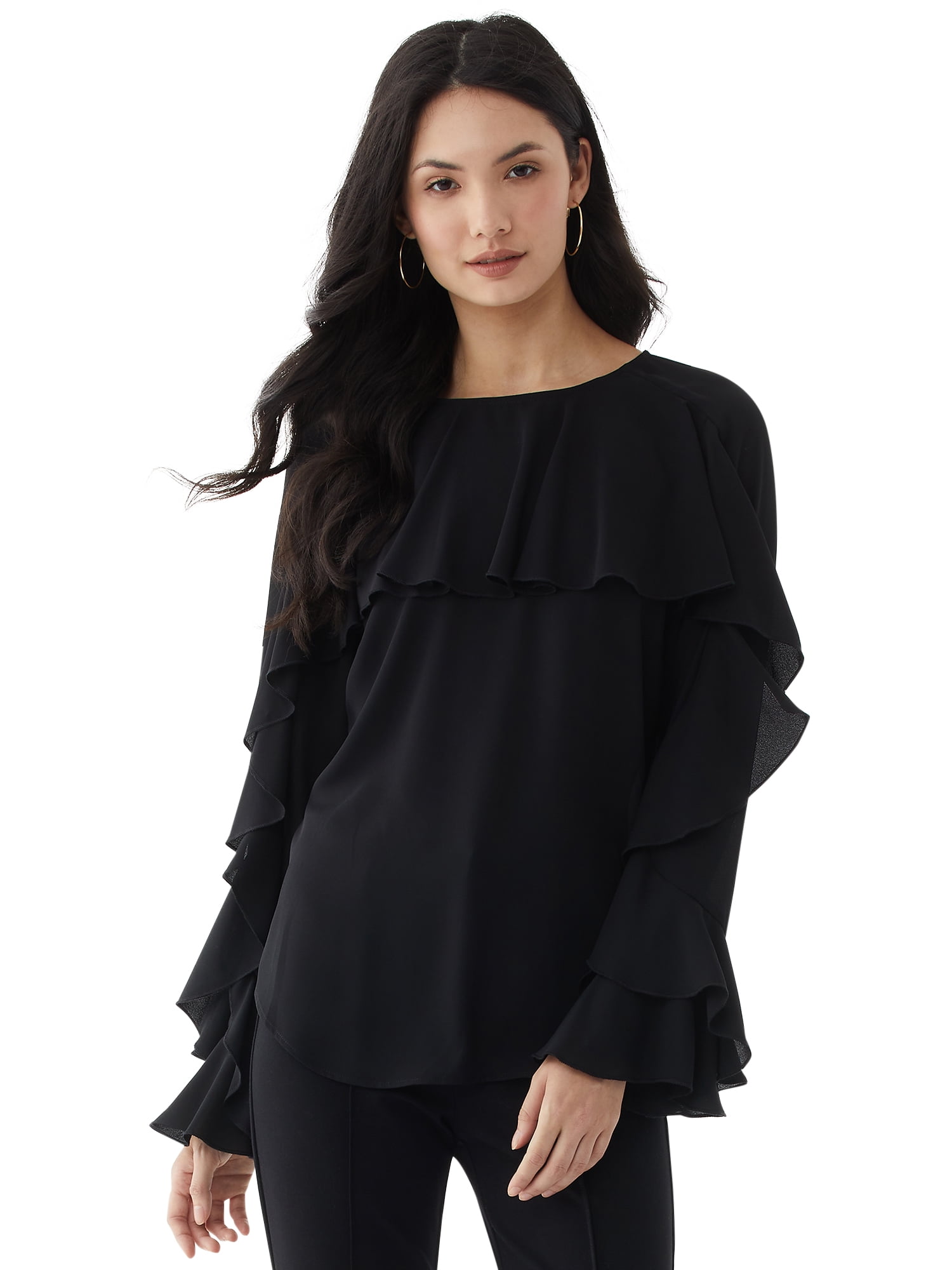 Scoop Womens Long Sleeve Ruffle Top