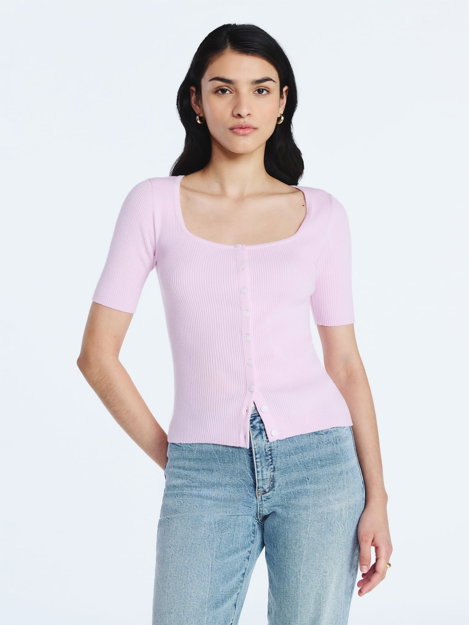 Scoop Women's Square Neckline Cardigan Sweater with Short Sleeves ...