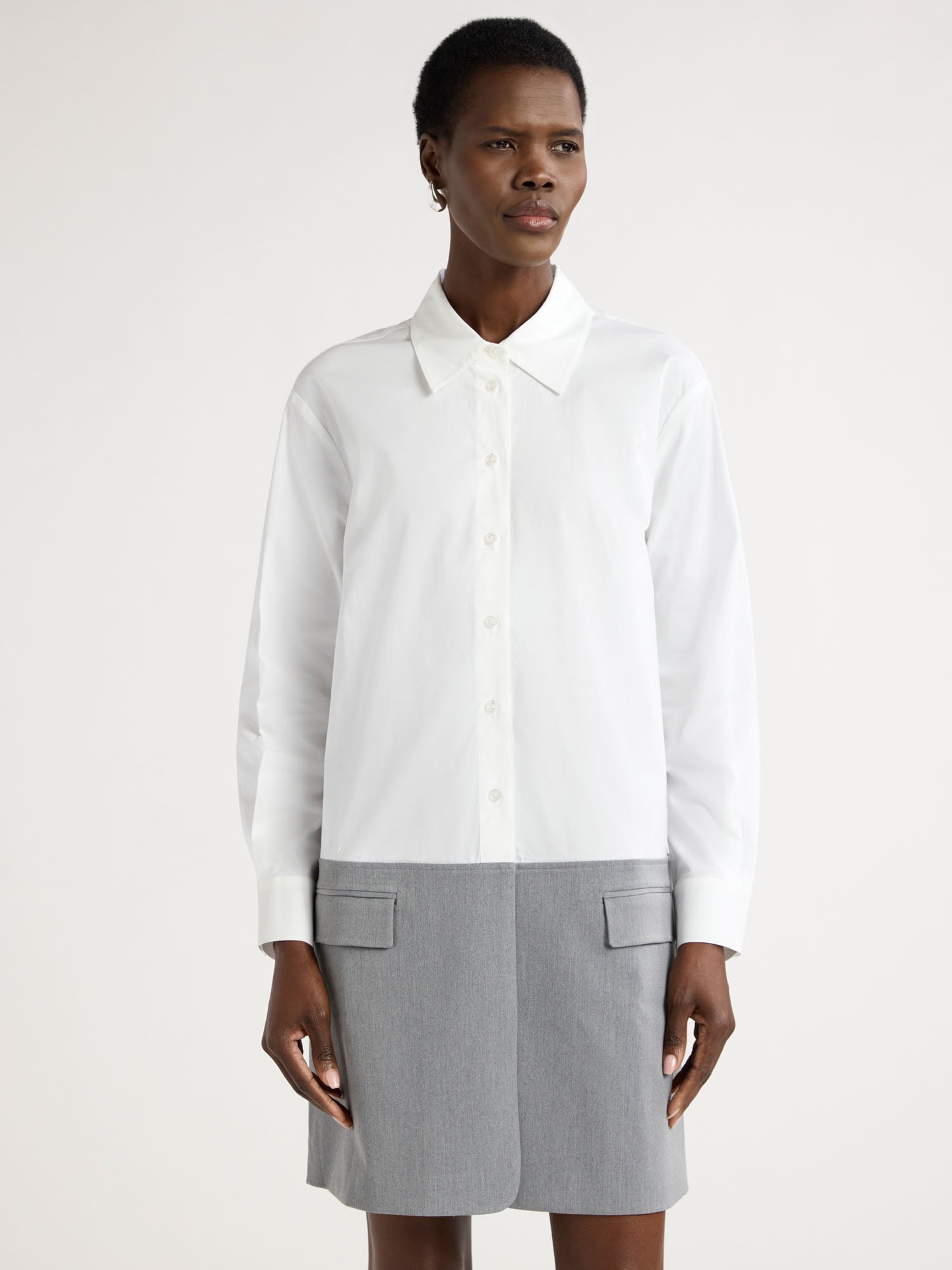 Scoop Women's Mix Media Poplin Suiting Mini Shirtdress with Long ...