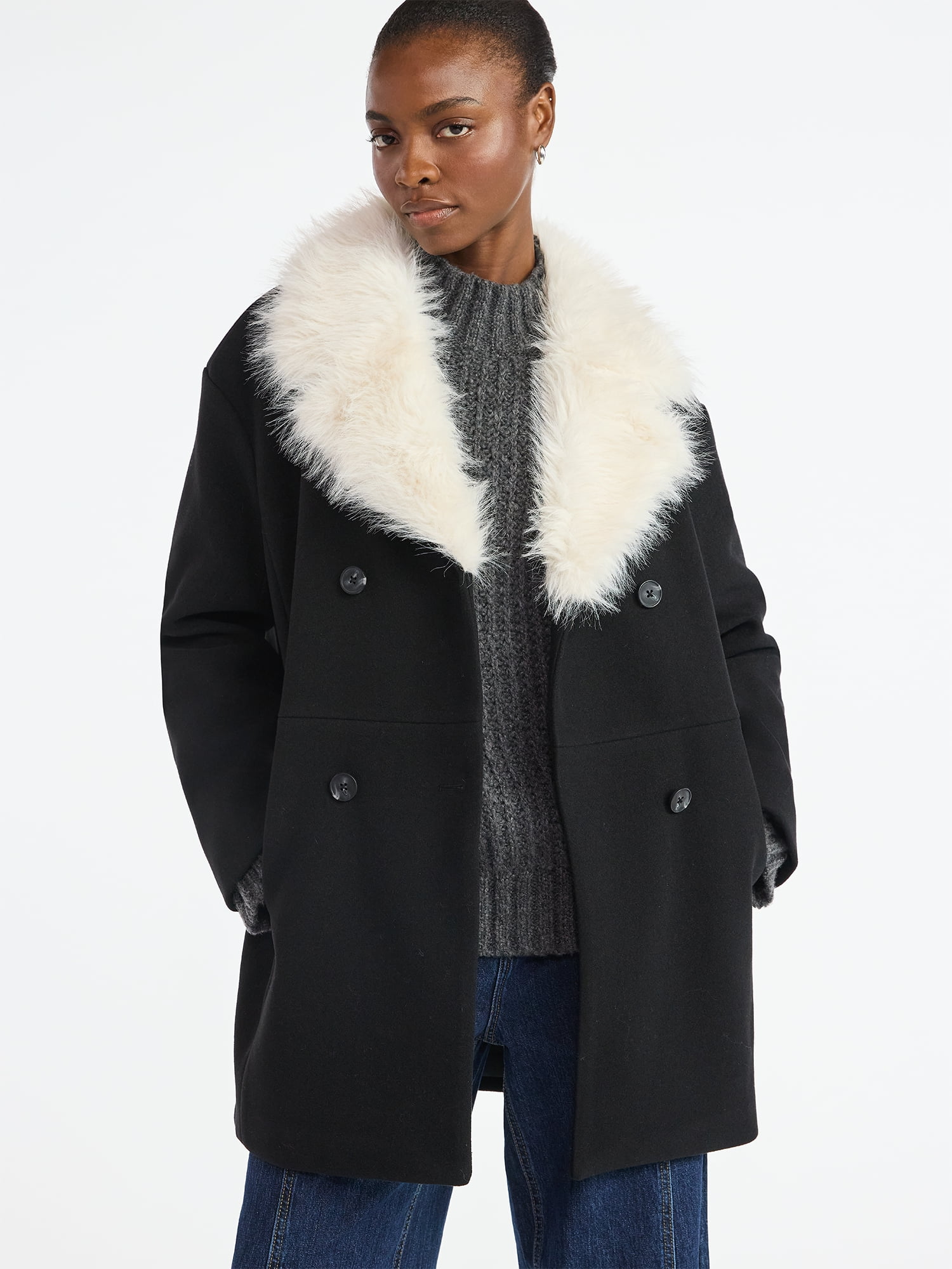 Scoop Women's and Women's Plus Oversized Faux Fur Collar Coat ...