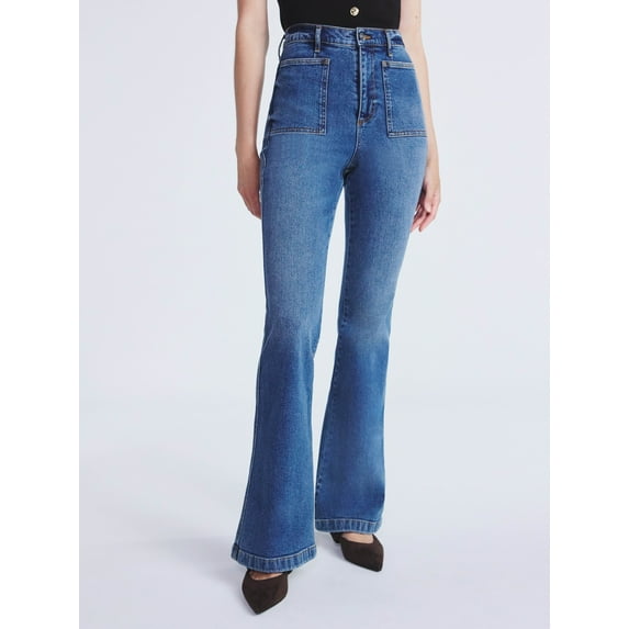 Scoop Women's High Rise Denim Trousers with Patch Pockets and Flared ...