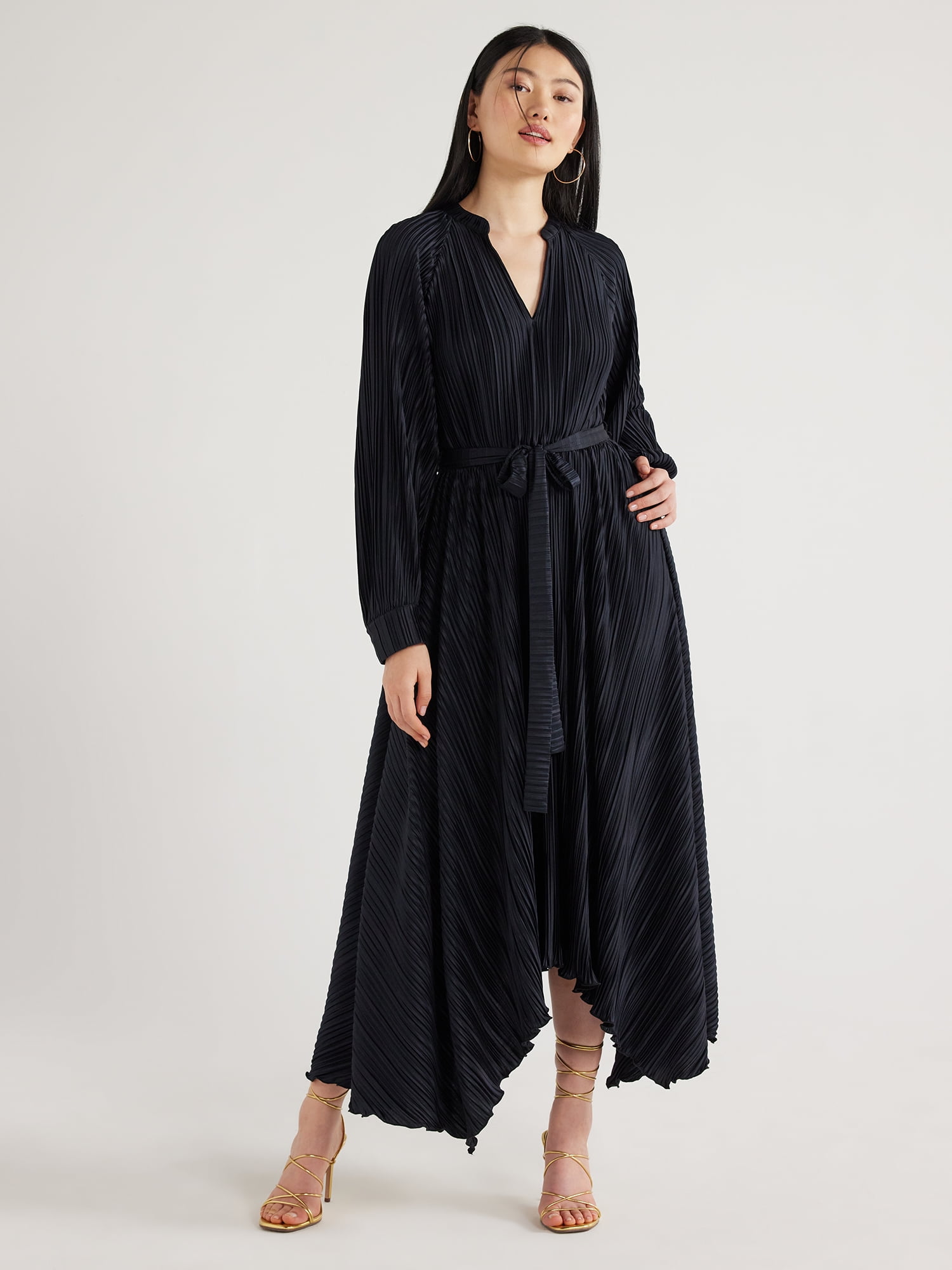 Scoop Women’s Pleated Handkerchief Hem Dress with Long Sleeves, Sizes ...