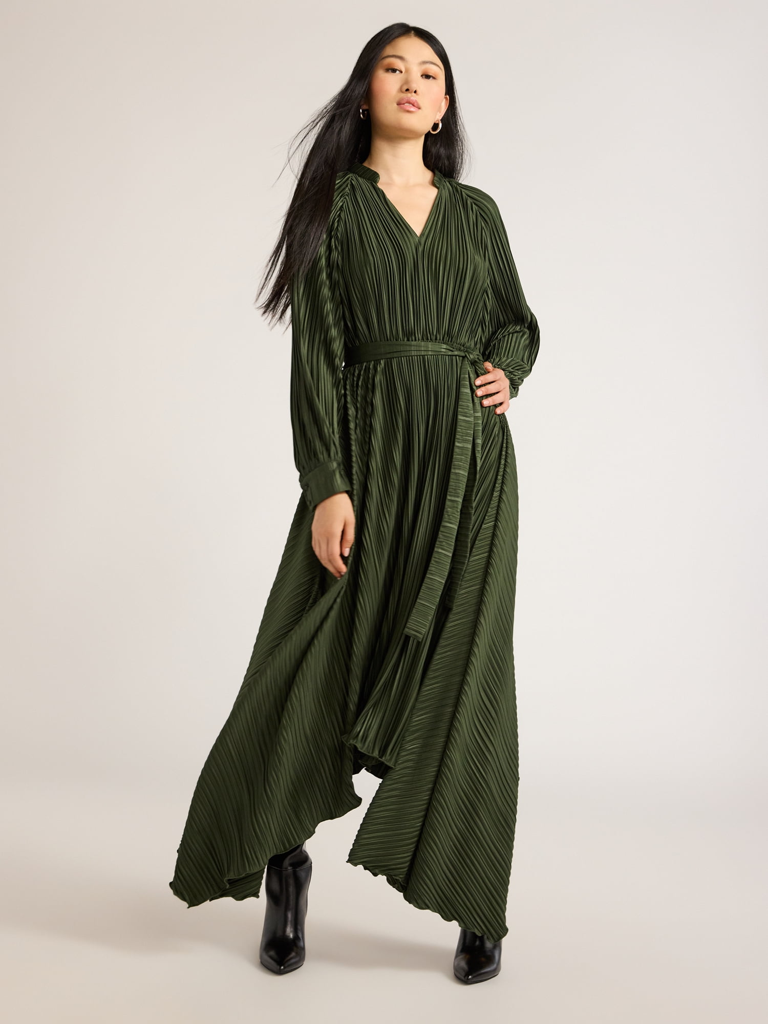 Scoop Women’s Pleated Handkerchief Hem Dress with Long Sleeves, Sizes ...