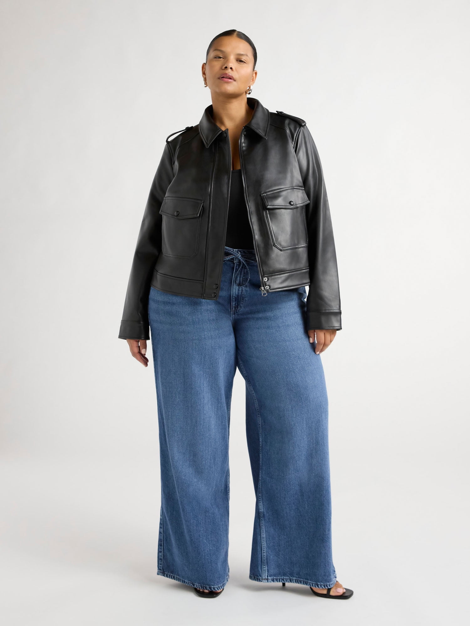 Scoop Women's and Women's Plus Faux Leather Cargo Pocket Jacket, Sizes ...