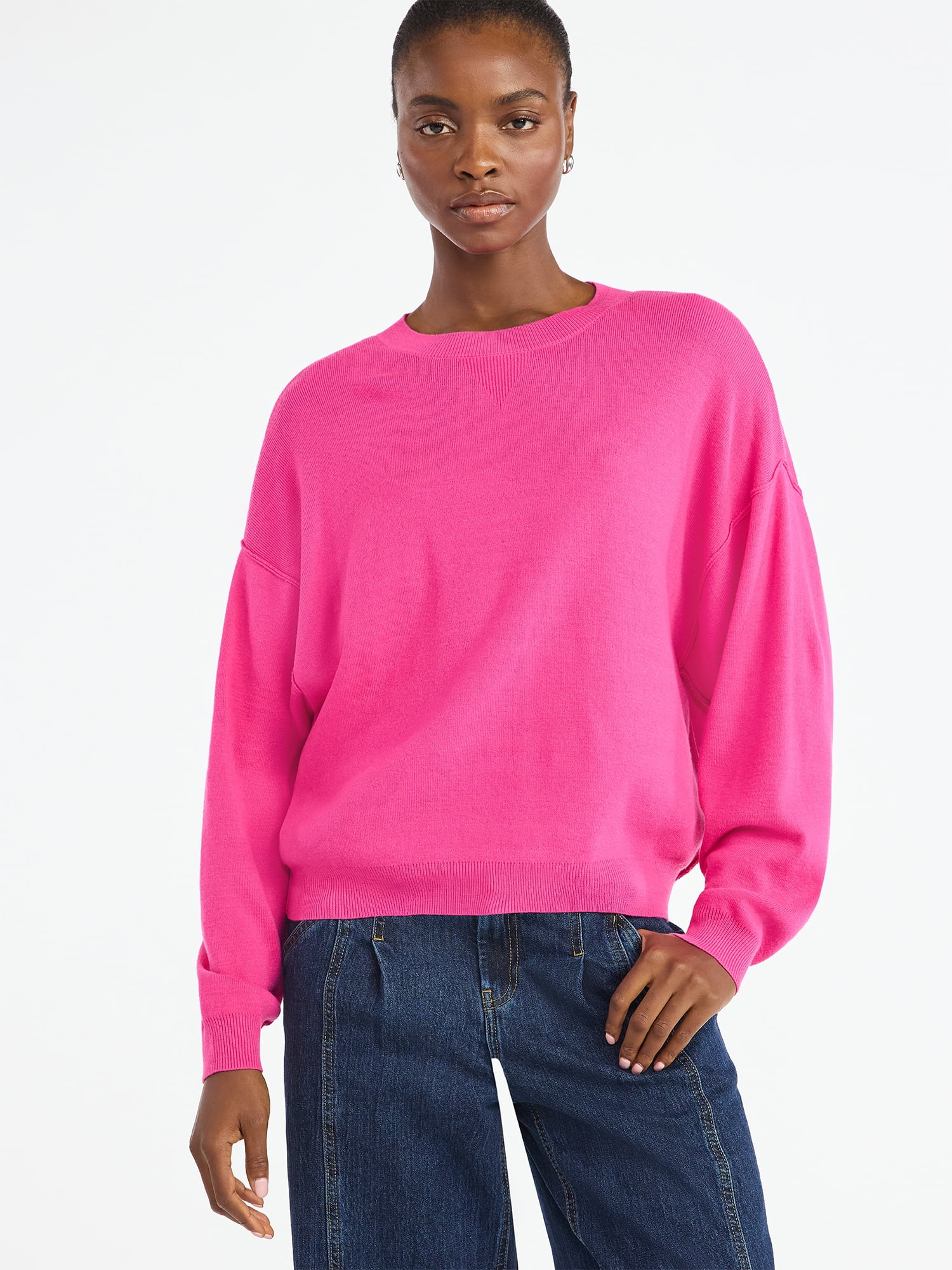 Scoop Women's and Women's Plus Oversized Crewneck Sweater, Lightweight ...