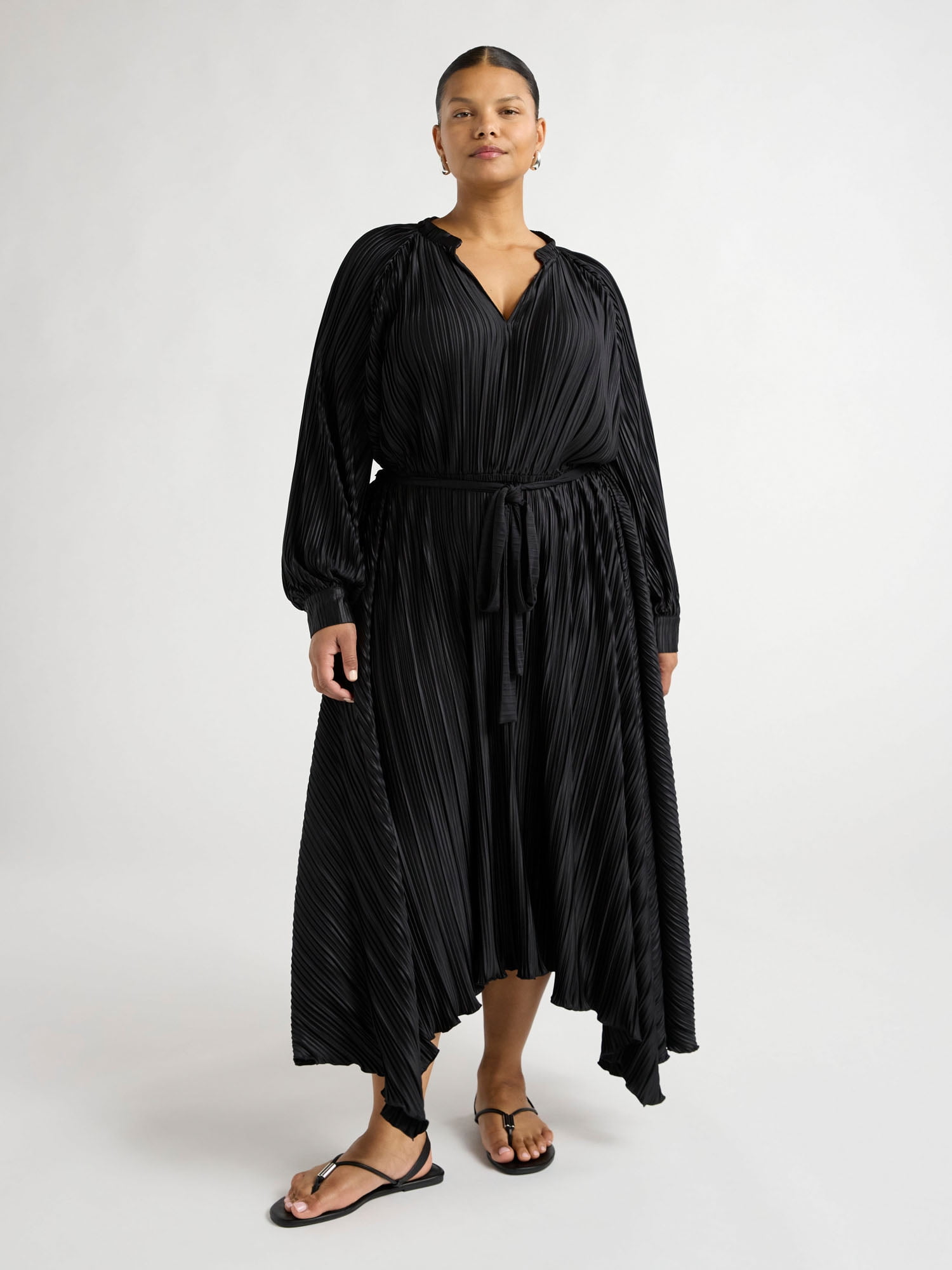 Scoop Women’s and Women's Plus Pleated Handkerchief Hem Dress with Long ...