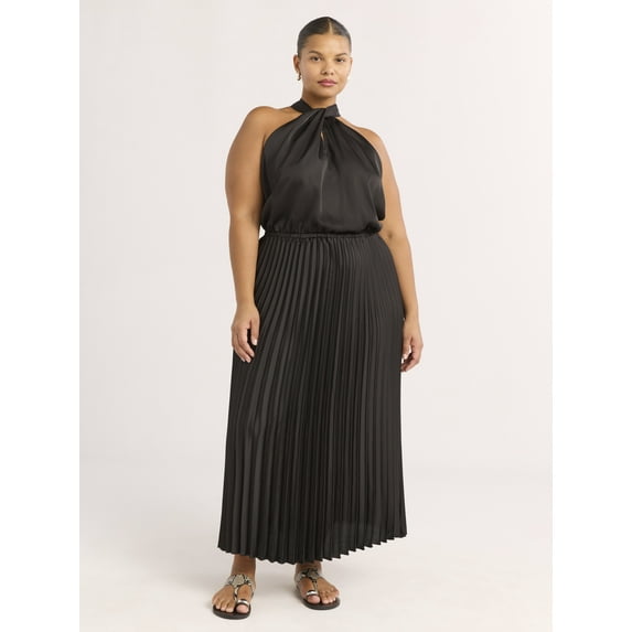 Scoop Women’s and Women's Plus Satin Halter Maxi Dress, Sizes XS-4X ...
