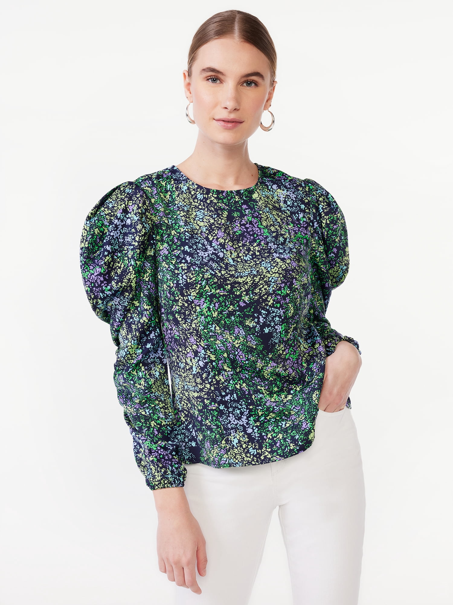 Scoop Women's Print Top with Blouson Sleeves, Sizes XS-XXL - Walmart.com