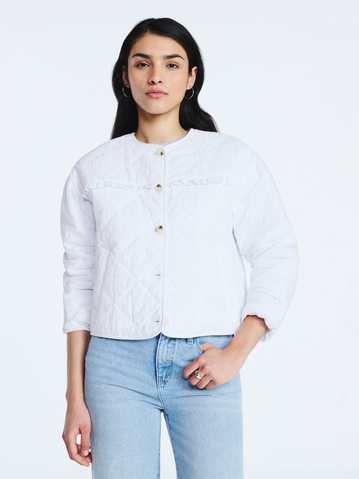 Scoop Women's Cotton Eyelet Jacket with Puff Sleeves, Sizes XS-XXL ...