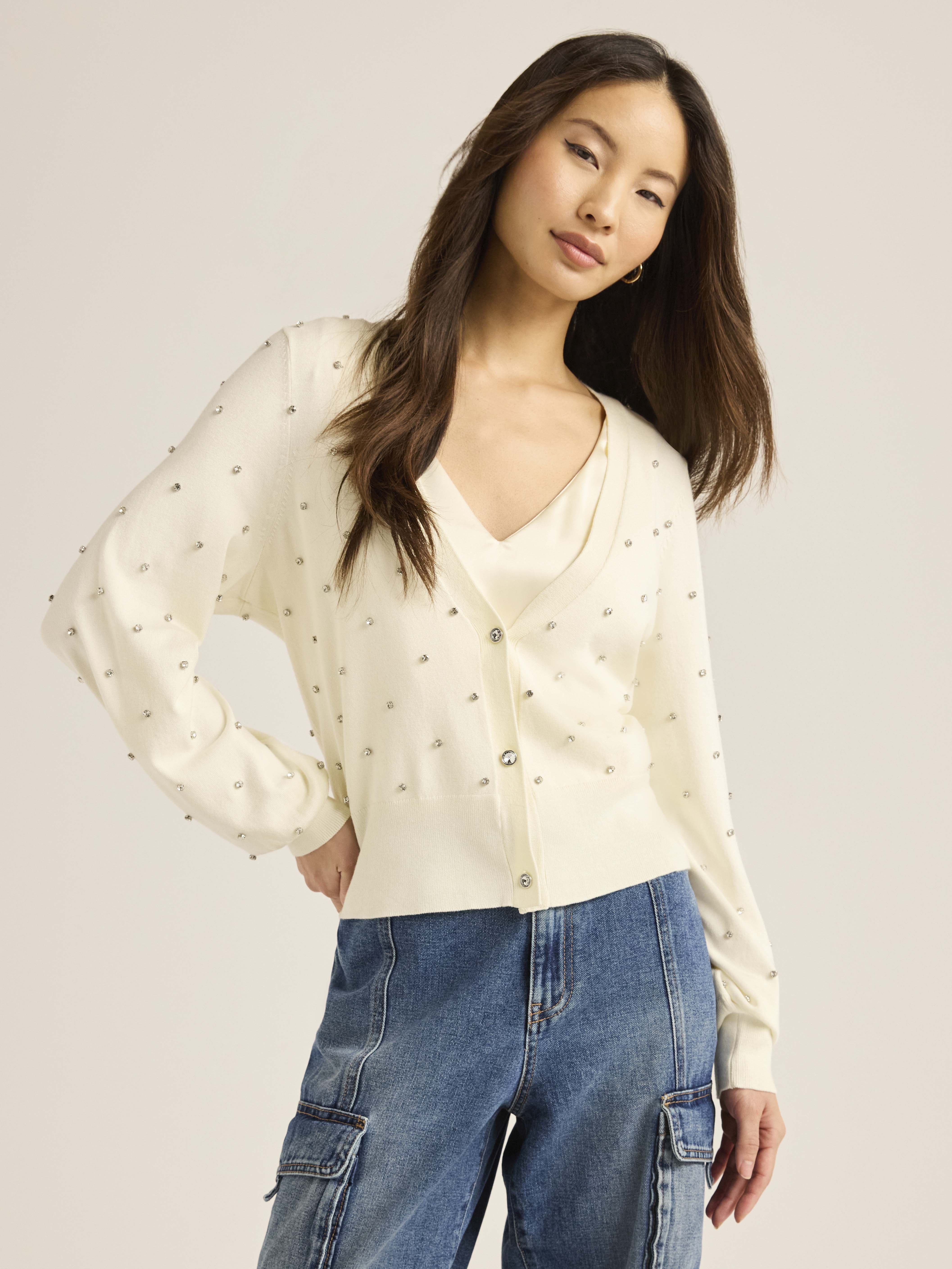 Scoop Rhinestone Cardigan Sweater - Lightweight - Walmart.com