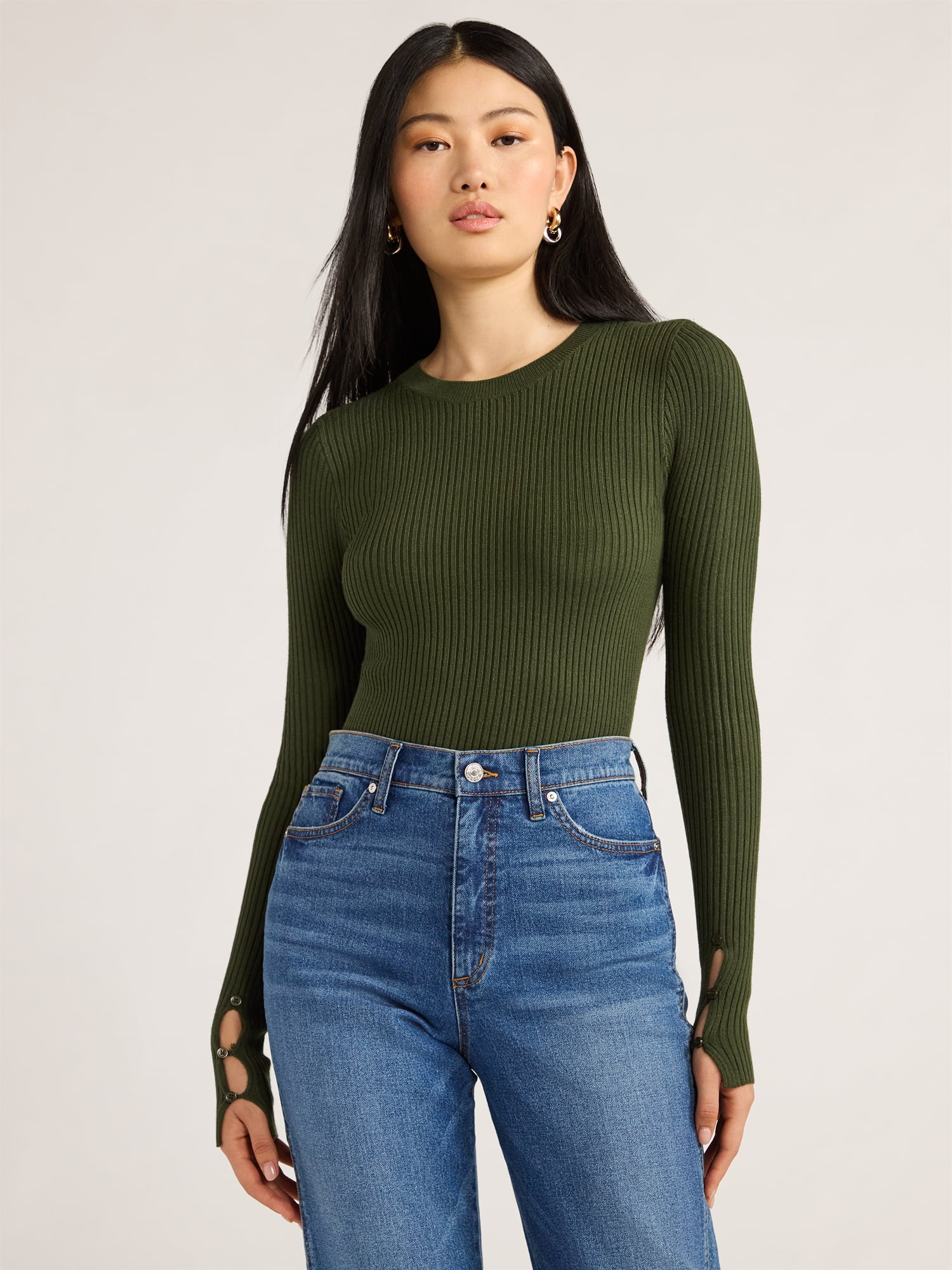 Scoop Women's Ribbed Knit Sweater Bodysuit with Long Sleeves, Sizes XS ...
