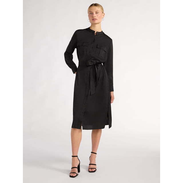 Scoop Women’s Satin Button Down Dress with Cargo Pockets, Sizes XS-XXL ...