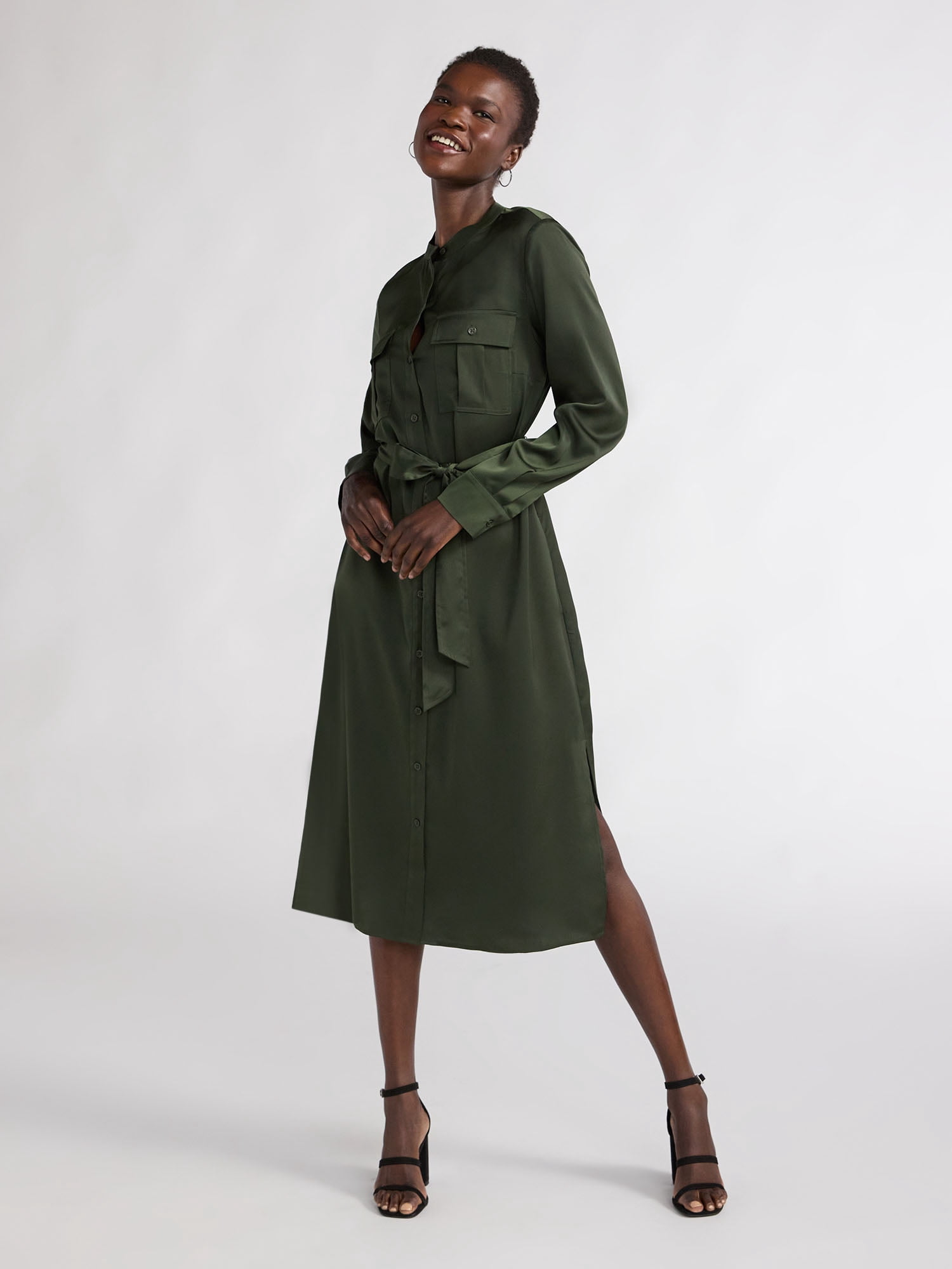 Scoop Women’s Satin Button Down Dress with Cargo Pockets, Sizes XS-XXL ...